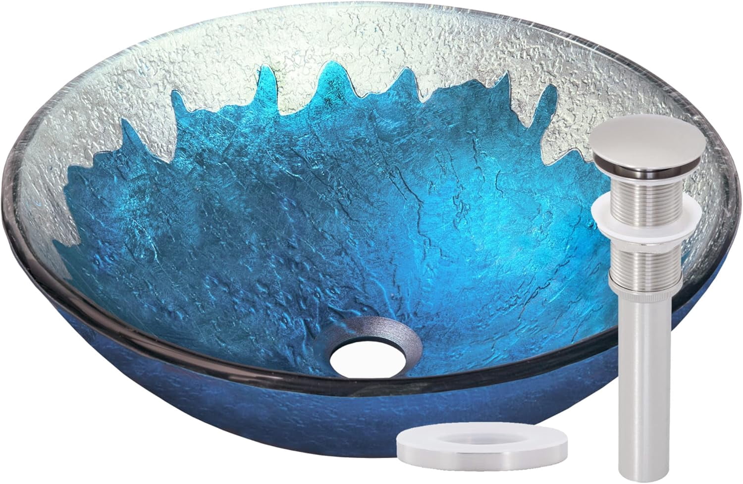 Circular 16-1/2" Tempered Glass Vessel Bathroom Sink - Brushed Drain ...