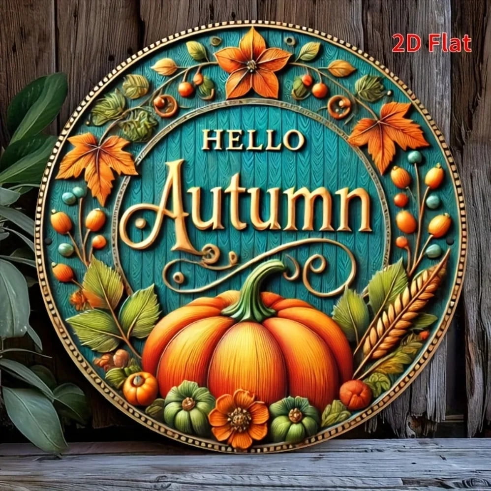 Circular Aluminum Hello Autumn Design Tin Metal Signs Home Décor 8x8 ...
