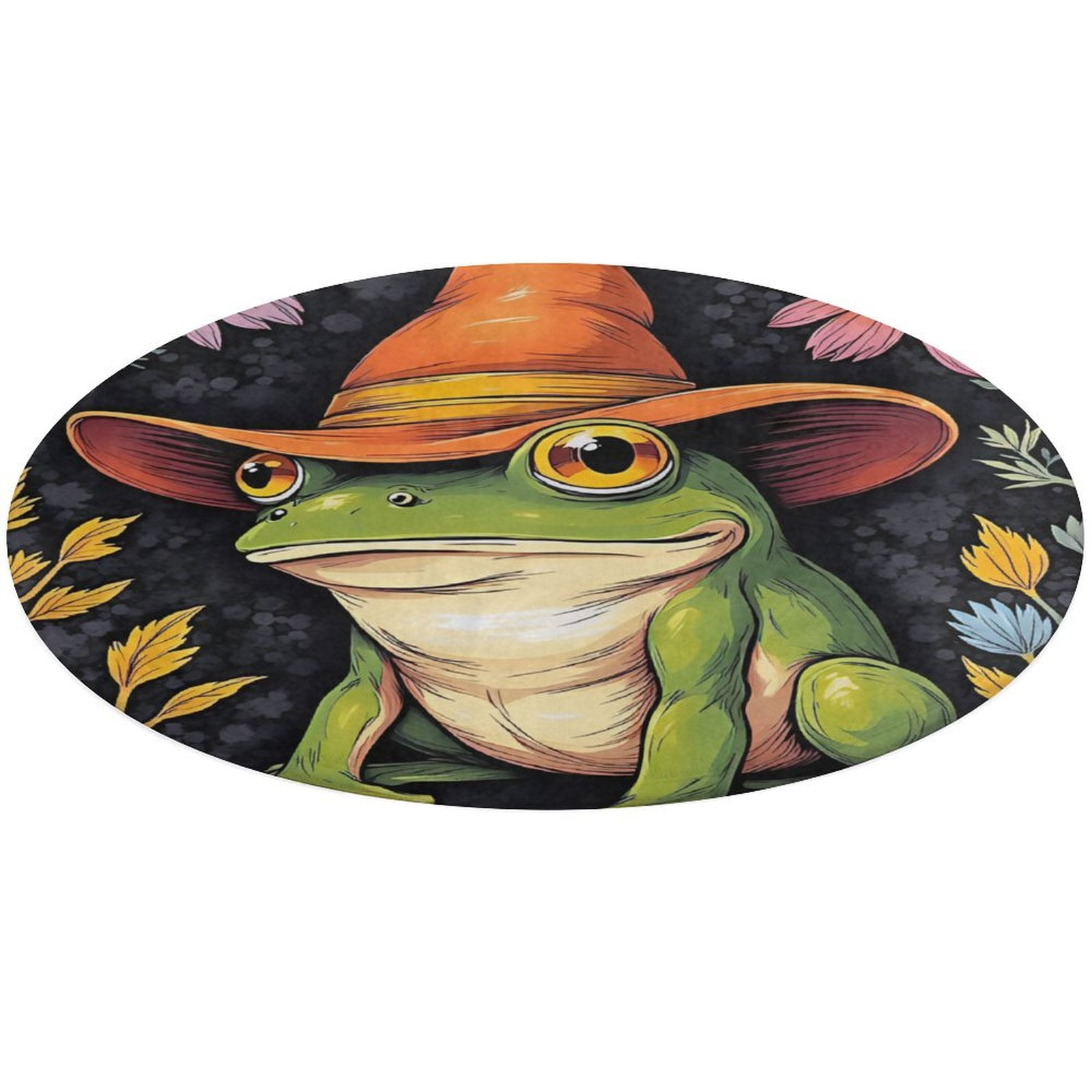 Circular Carpet Floor Mat Cute Frog Wearing Orange Wizard Hat Living ...