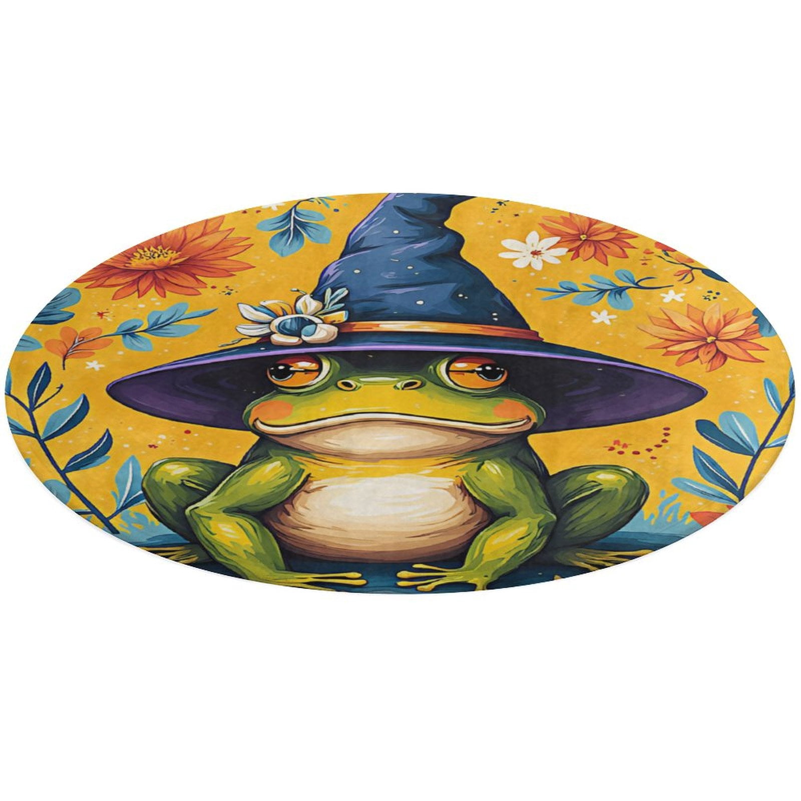 Circular Carpet Floor Mat Cute Frog Wearing Witch Hat Floral Background ...