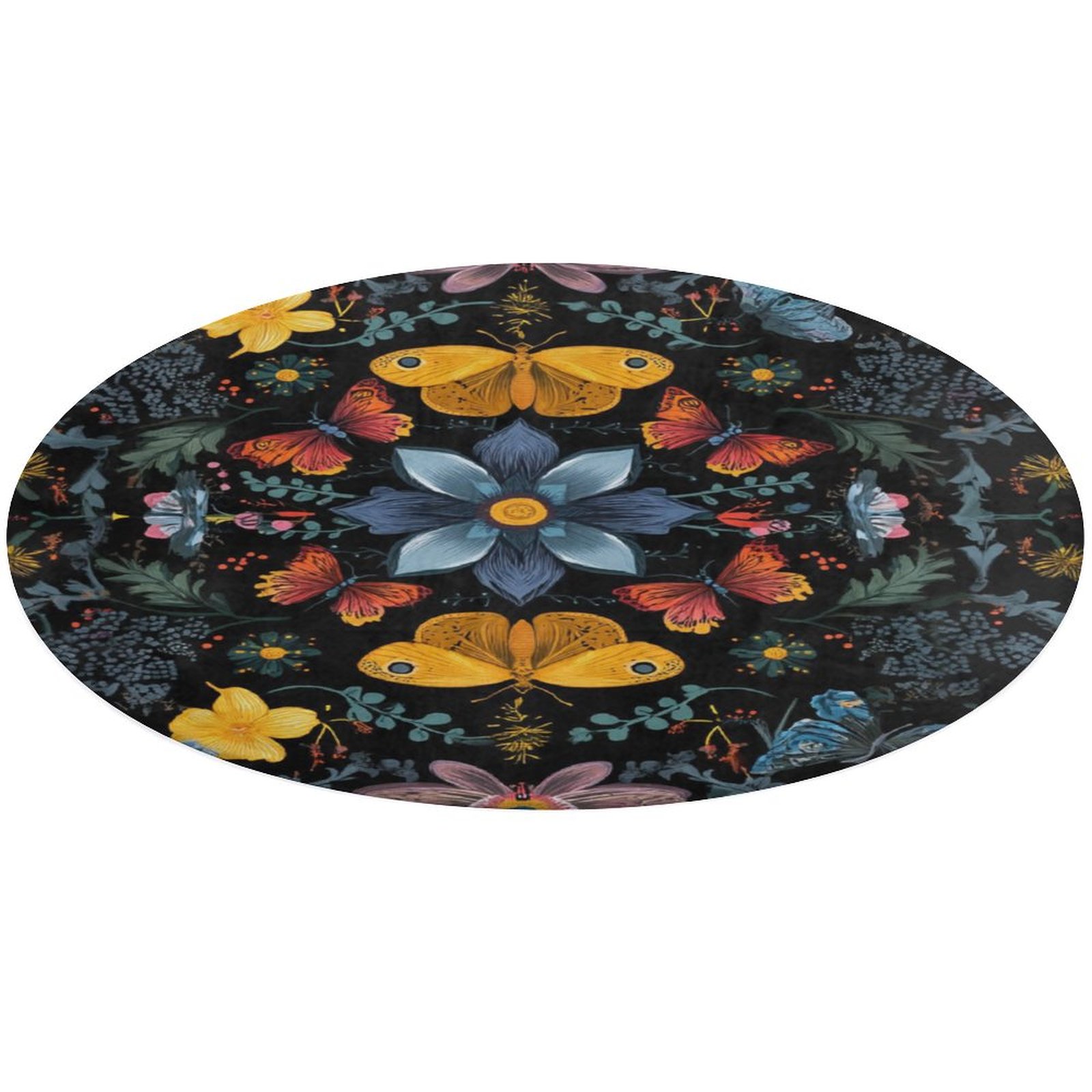 Circular Carpet Floor Mat Dark Floral Butterfly Symmetrical Pattern ...