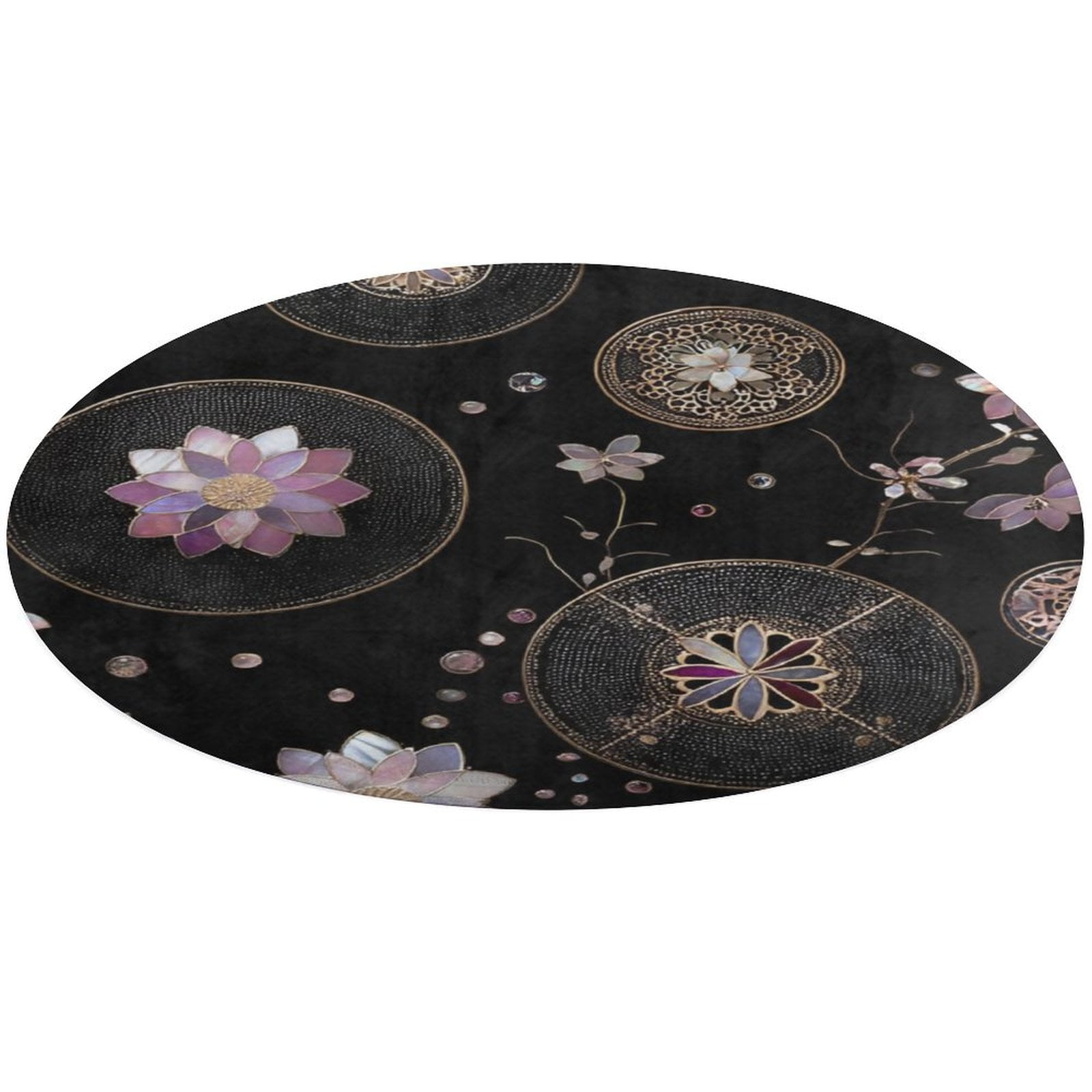 Circular Carpet Floor Mat Elegant Beaded Floral Black Design Living ...