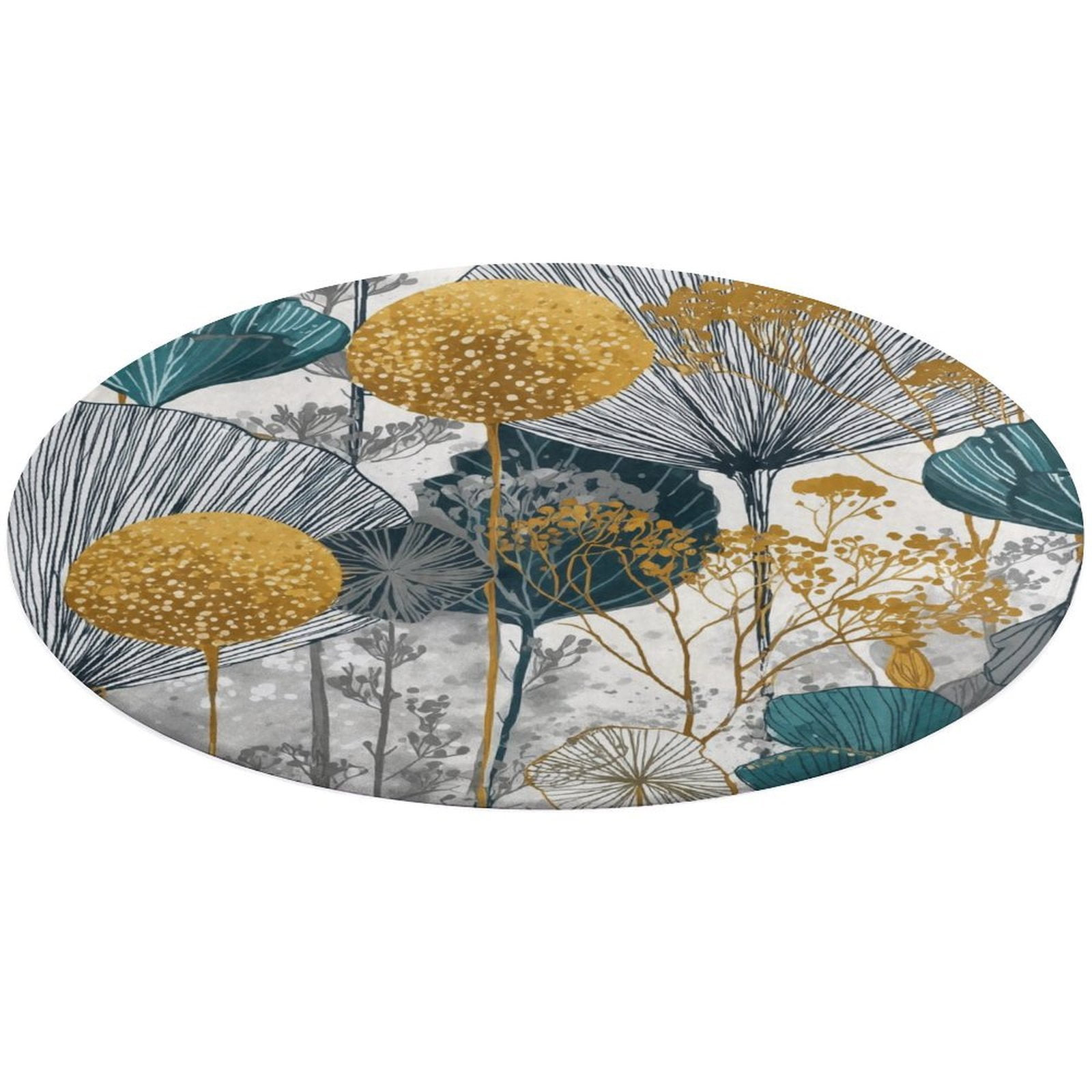 Circular Carpet Floor Mat Elegant Gold Teal Botanical Art Print Living ...