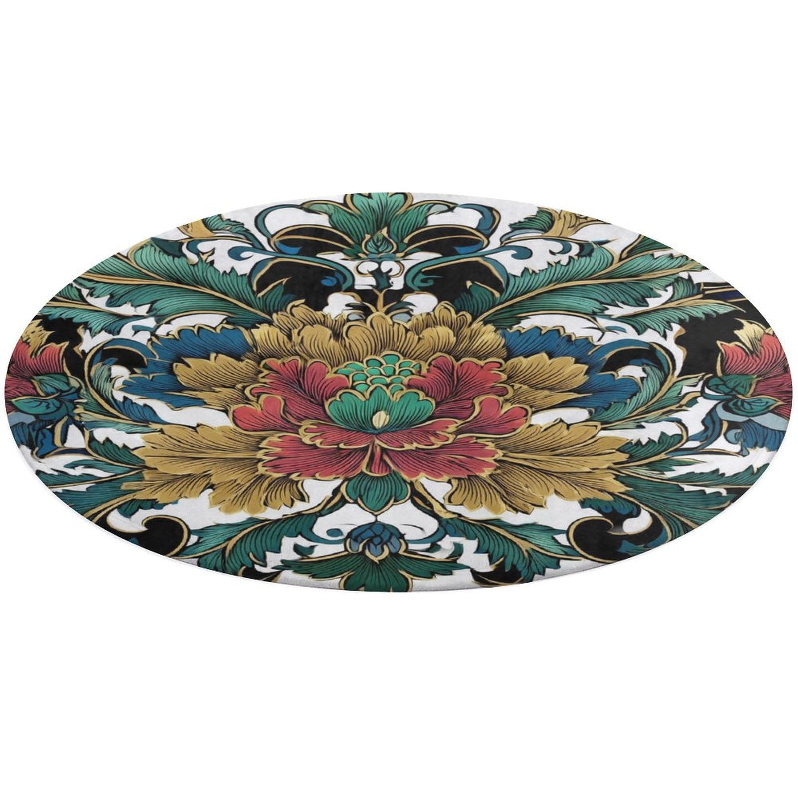 Circular Carpet Floor Mat Ornate Floral Border Design Gold Teal Red ...