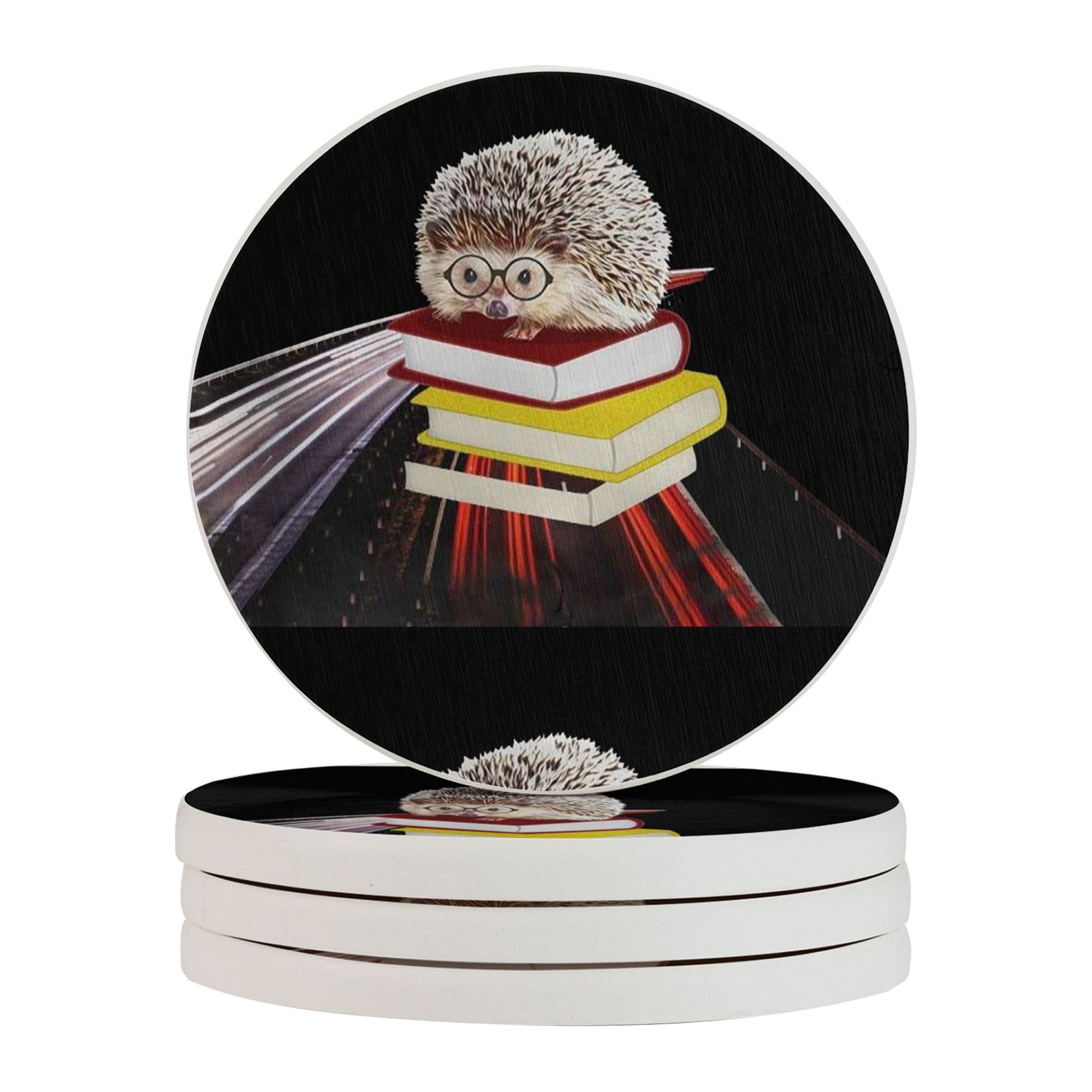 Circular Drink Coasters Set Adorable Hedgehog Book Beautiful Home Decor ...