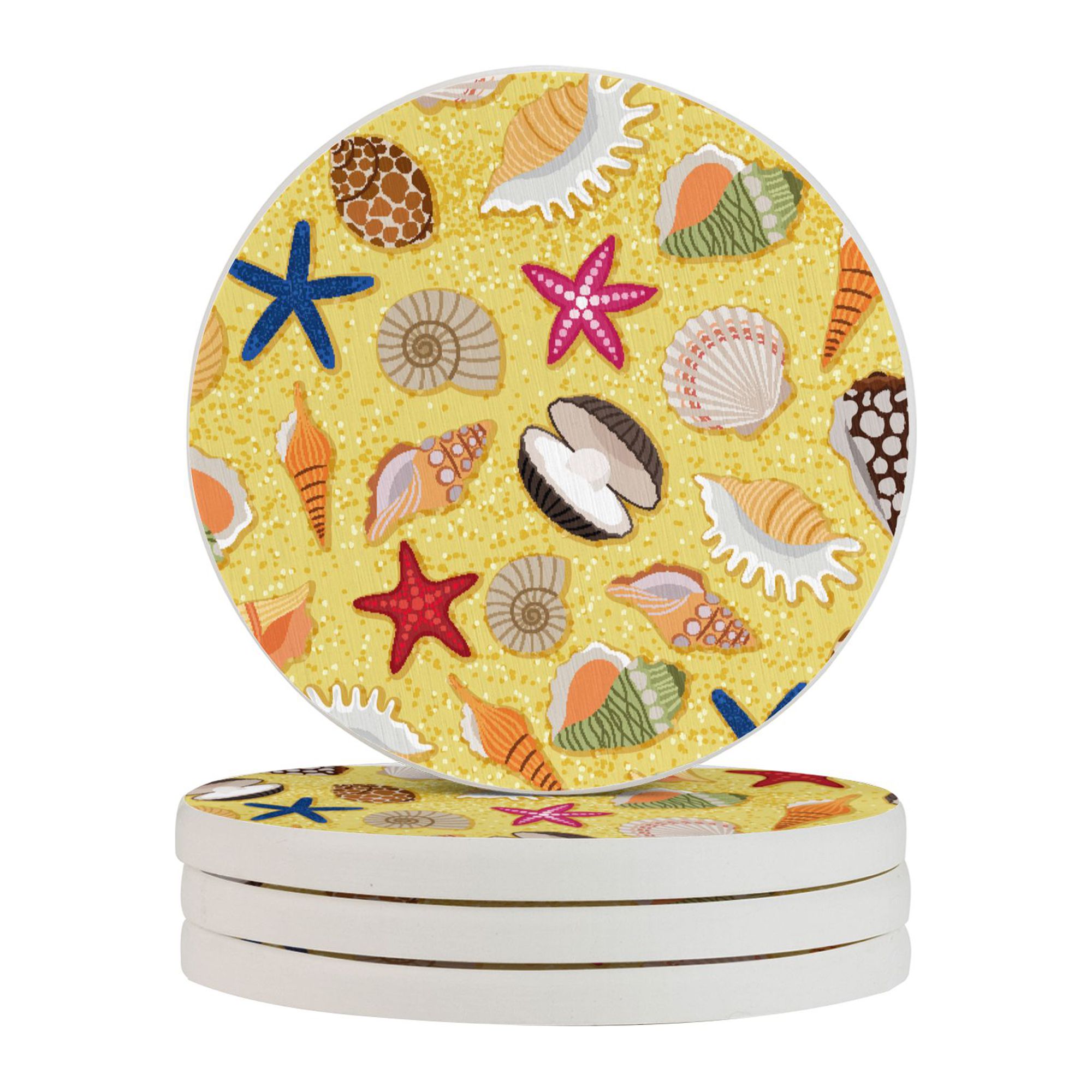 Circular Drink Coasters Set Beach Sand Shells Marine Watermark ...