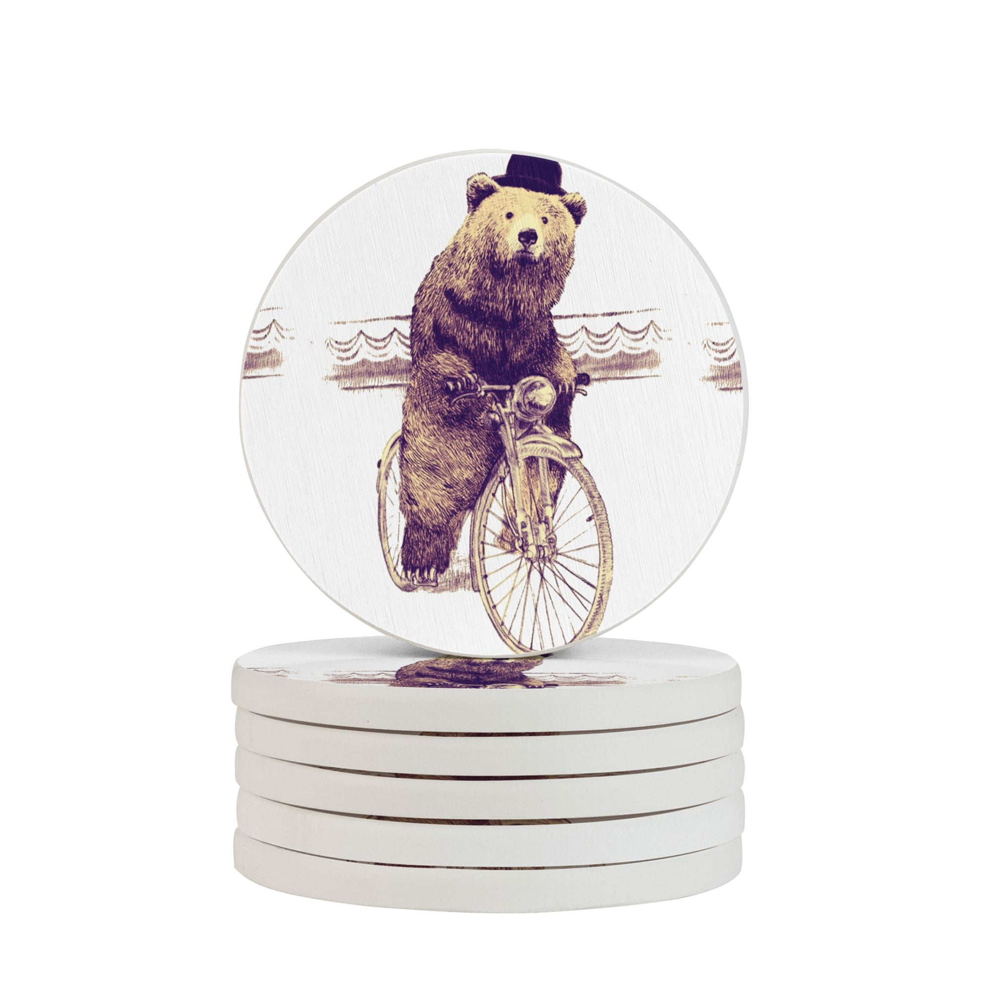 Circular Drink Coasters Set Bear Riding Bicycle Beautiful Home Decor ...
