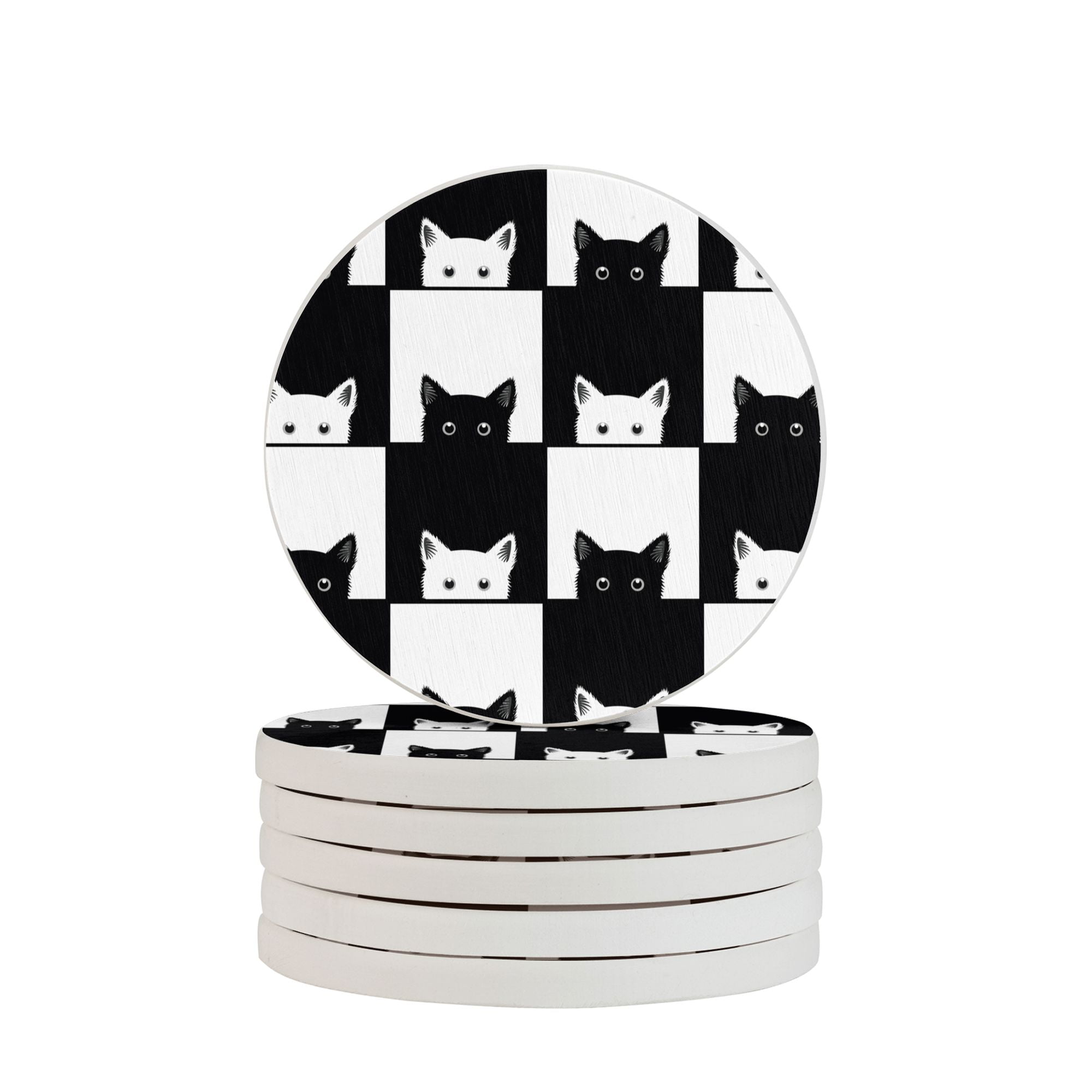 Circular Drink Coasters Set Black And White Cats On Chess Board ...