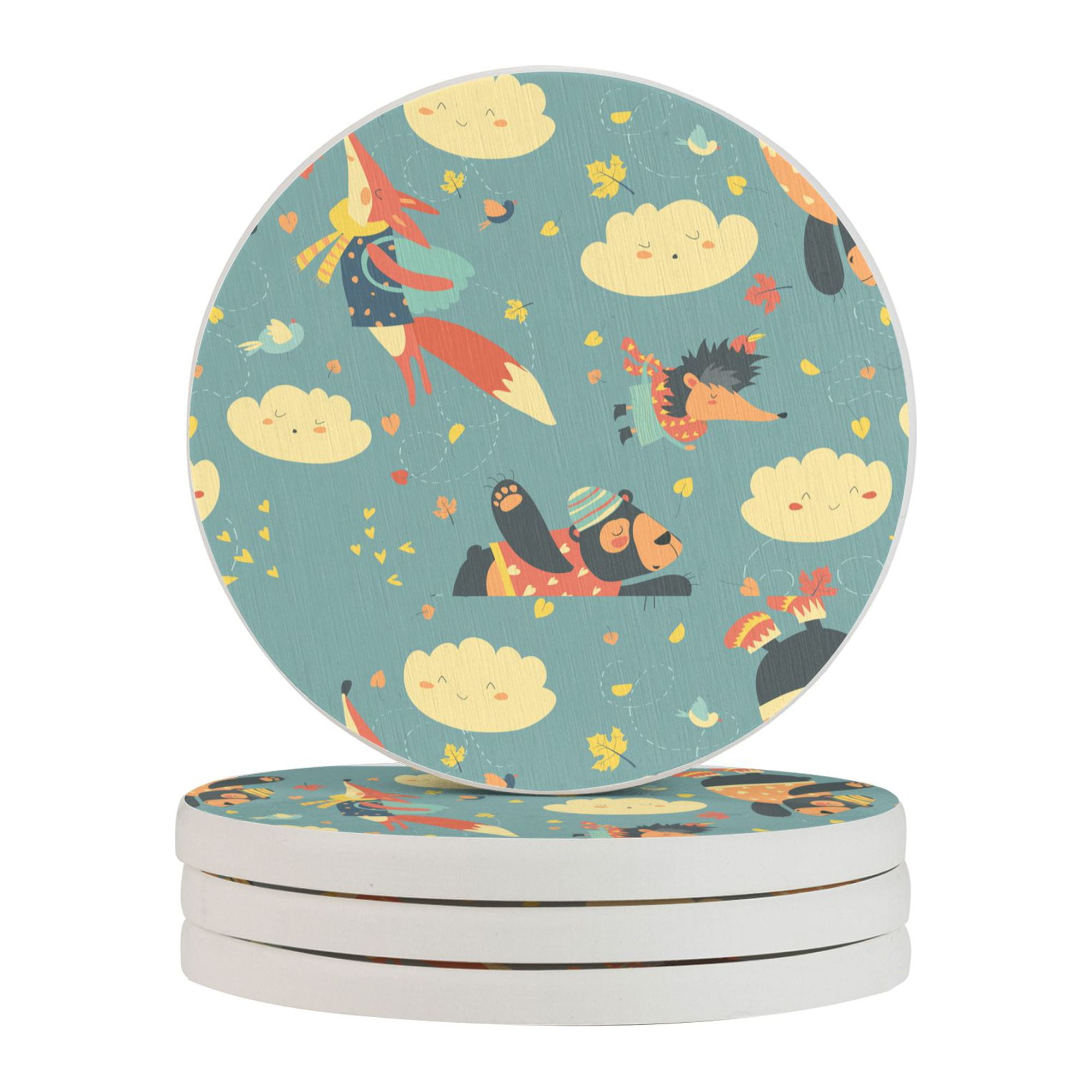 Circular Drink Coasters Set Cartoon Animals Fox And Bear Beautiful Home ...