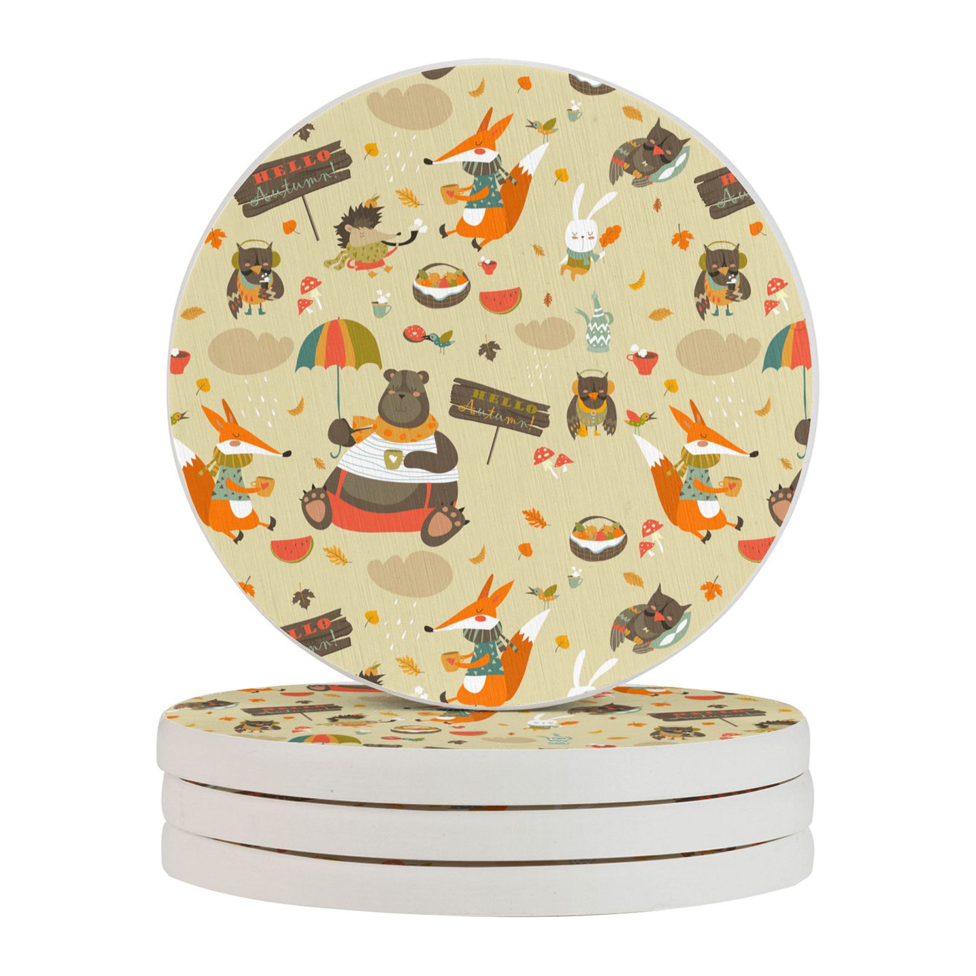 Circular Drink Coasters Set Cartoon Animals Rabbit Beautiful Home Decor ...