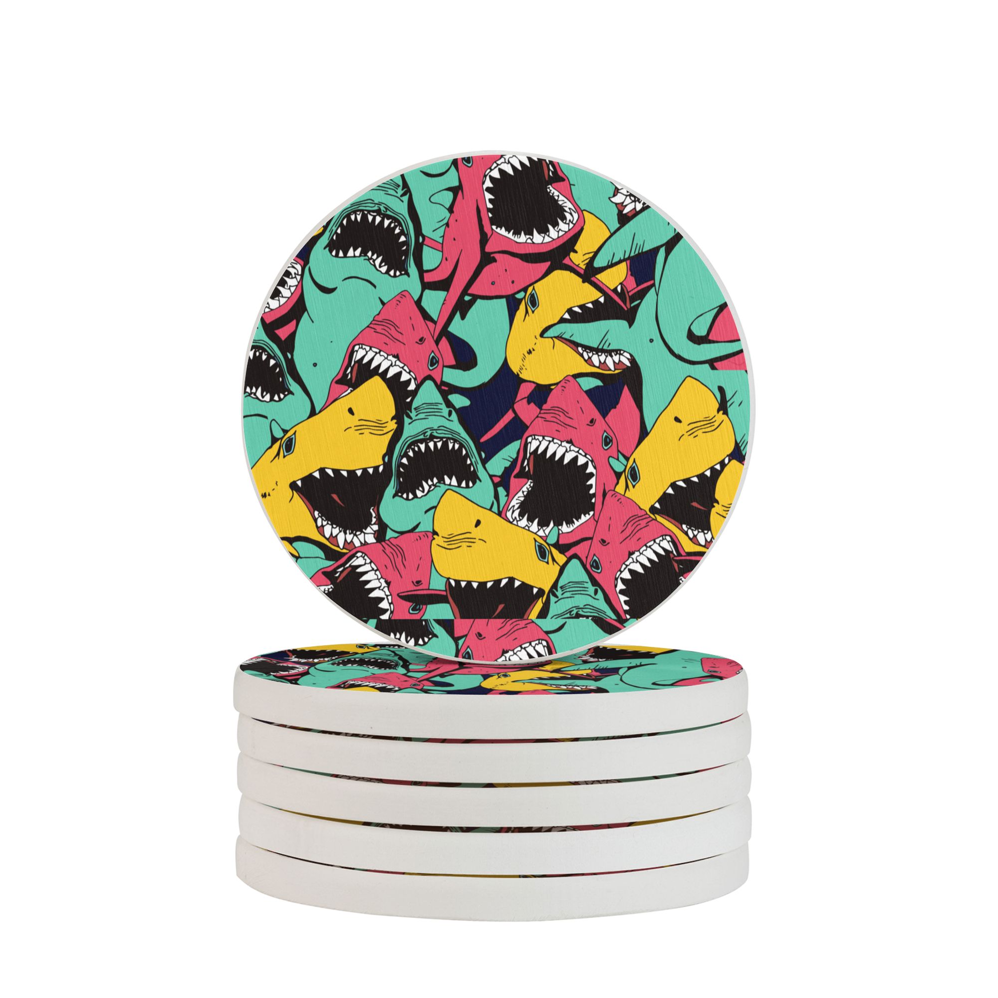 Circular Drink Coasters Set Cartoon Colorful Shark Beautiful Home Decor ...