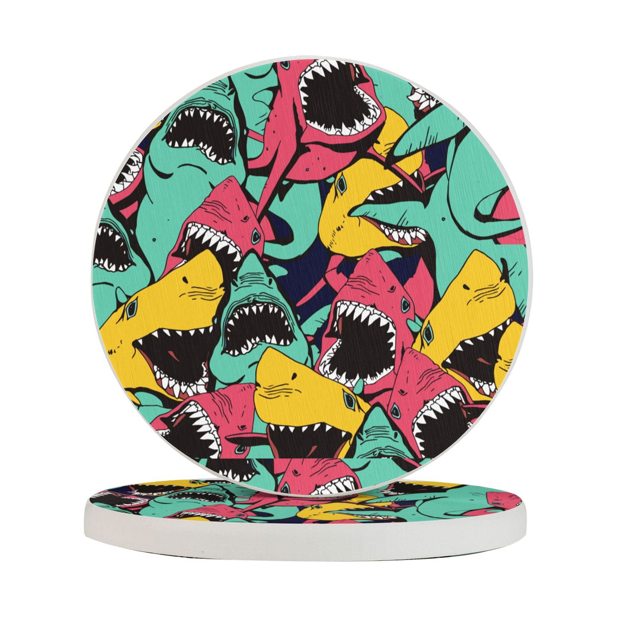 Circular Drink Coasters Set Cartoon Colorful Shark Beautiful Home Decor ...