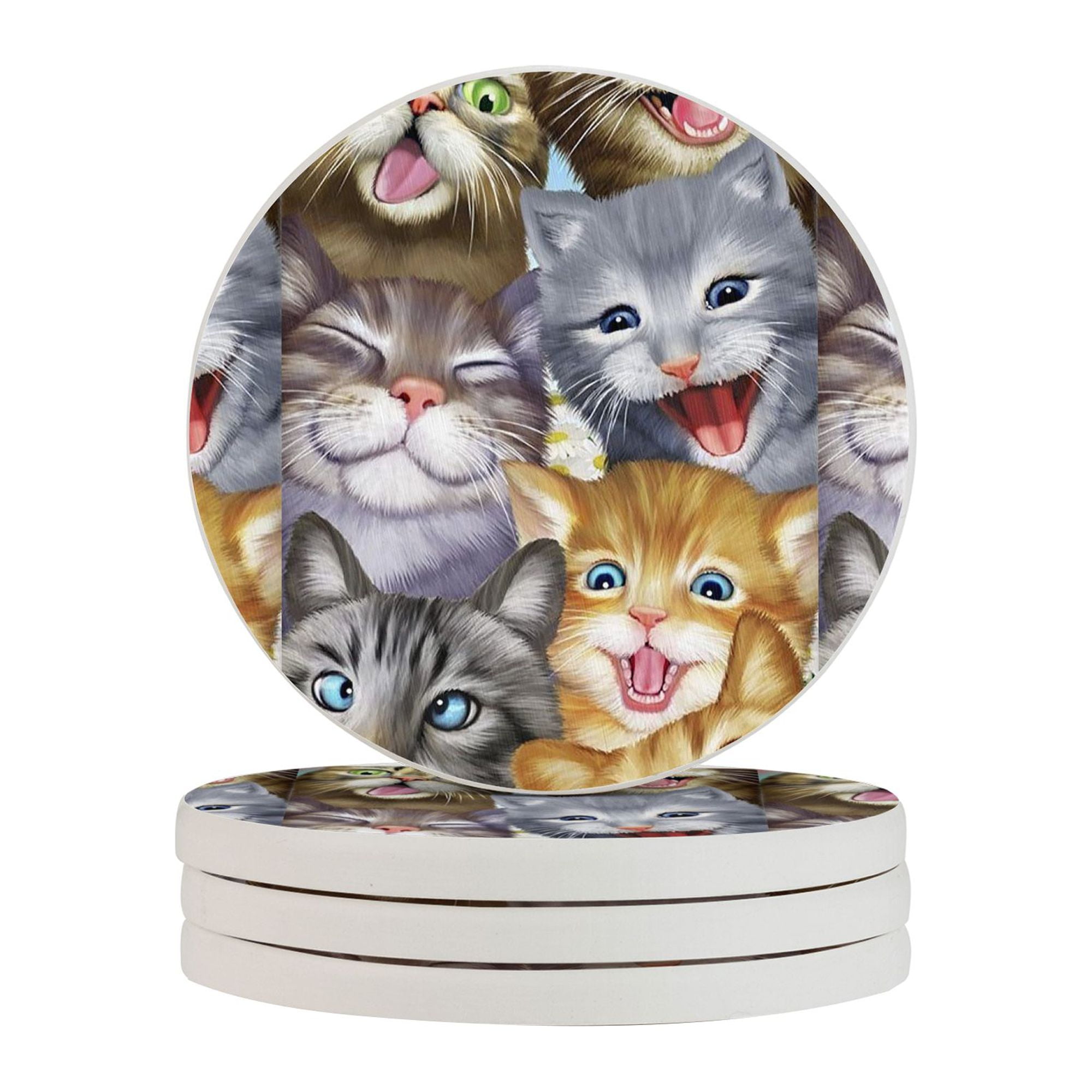 Circular Drink Coasters Set Cats Selfie Beautiful Home Decor Diatomite ...
