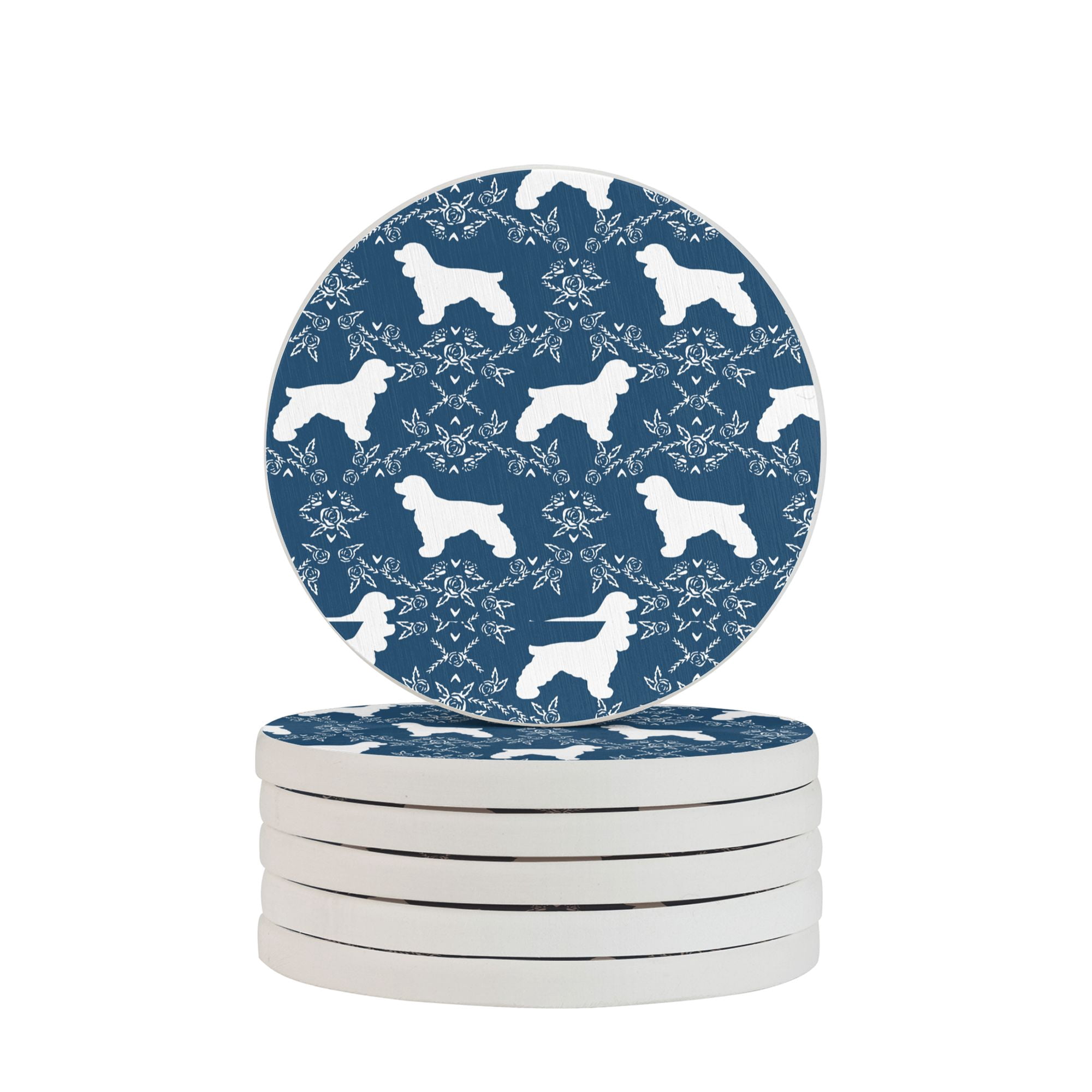 Circular Drink Coasters Set Cocker Spaniel Dog Breed Silhouette Floral ...