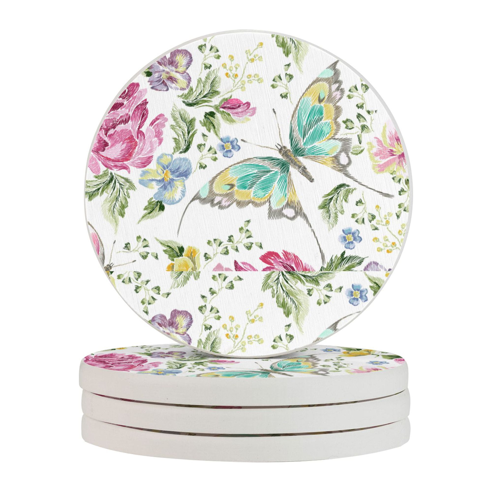 Circular Drink Coasters Set Colorful Butterfly Insect Beautiful Home ...