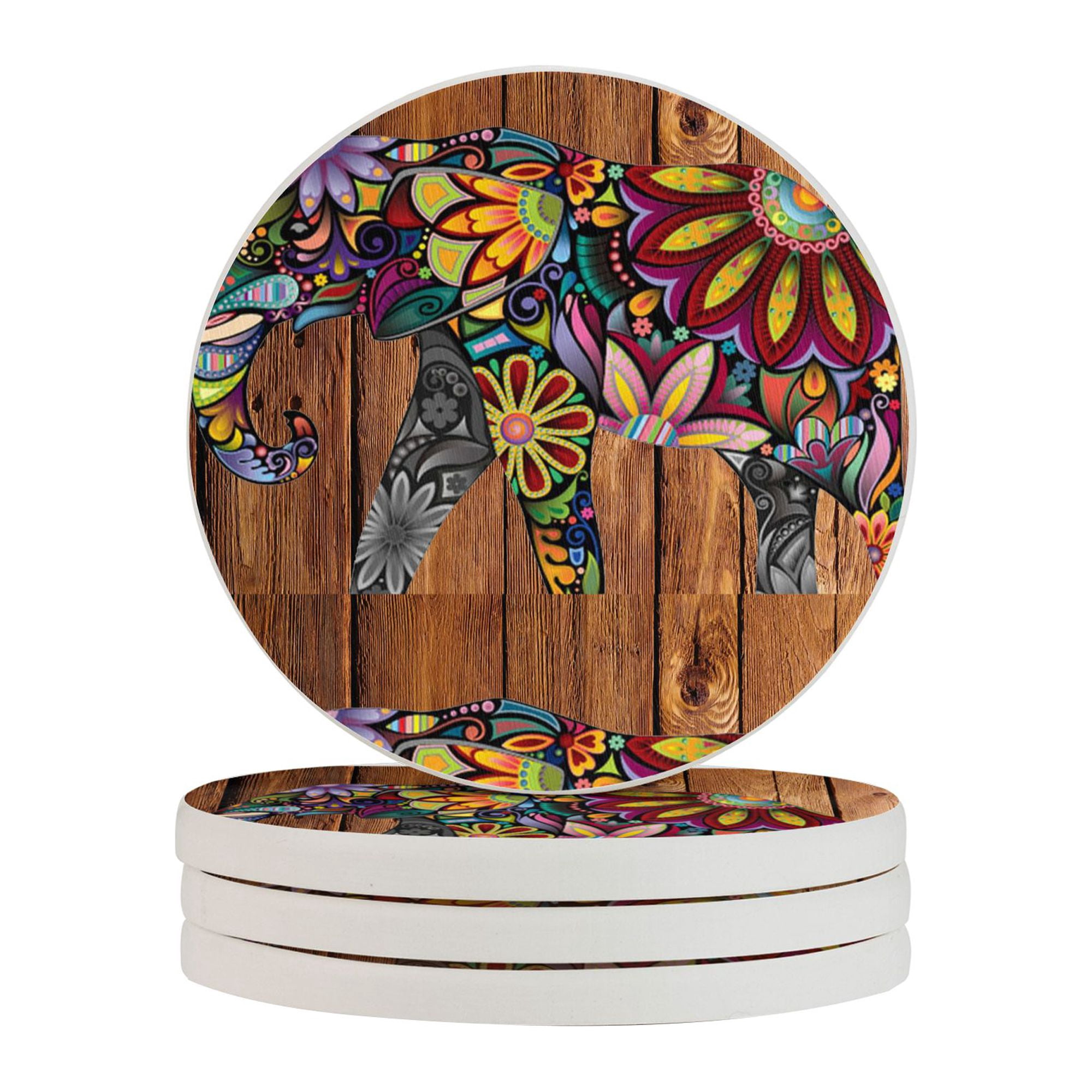 Circular Drink Coasters Set Colorful Flower Elephant Beautiful Home ...