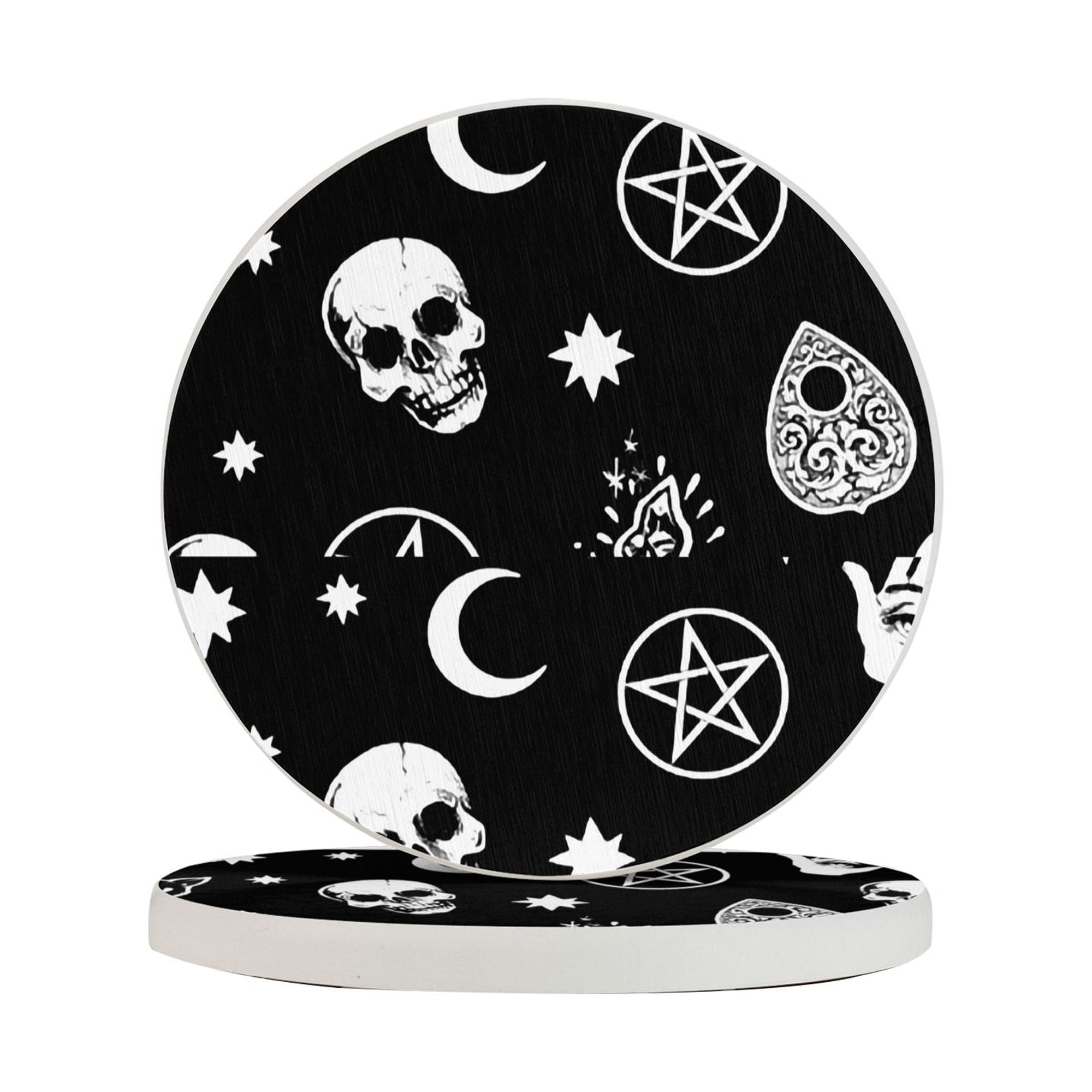 Circular Drink Coasters Set Colorful Skull Cat Moon Gothic Pattern ...