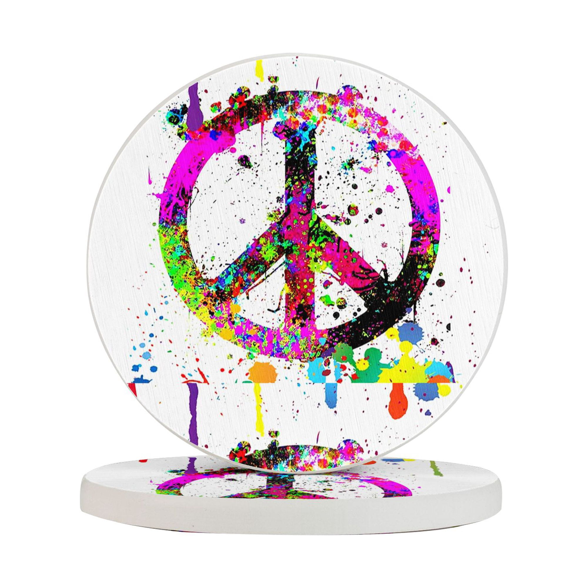 Circular Drink Coasters Set Colorful Splash Peace Symbol Sign Painting ...
