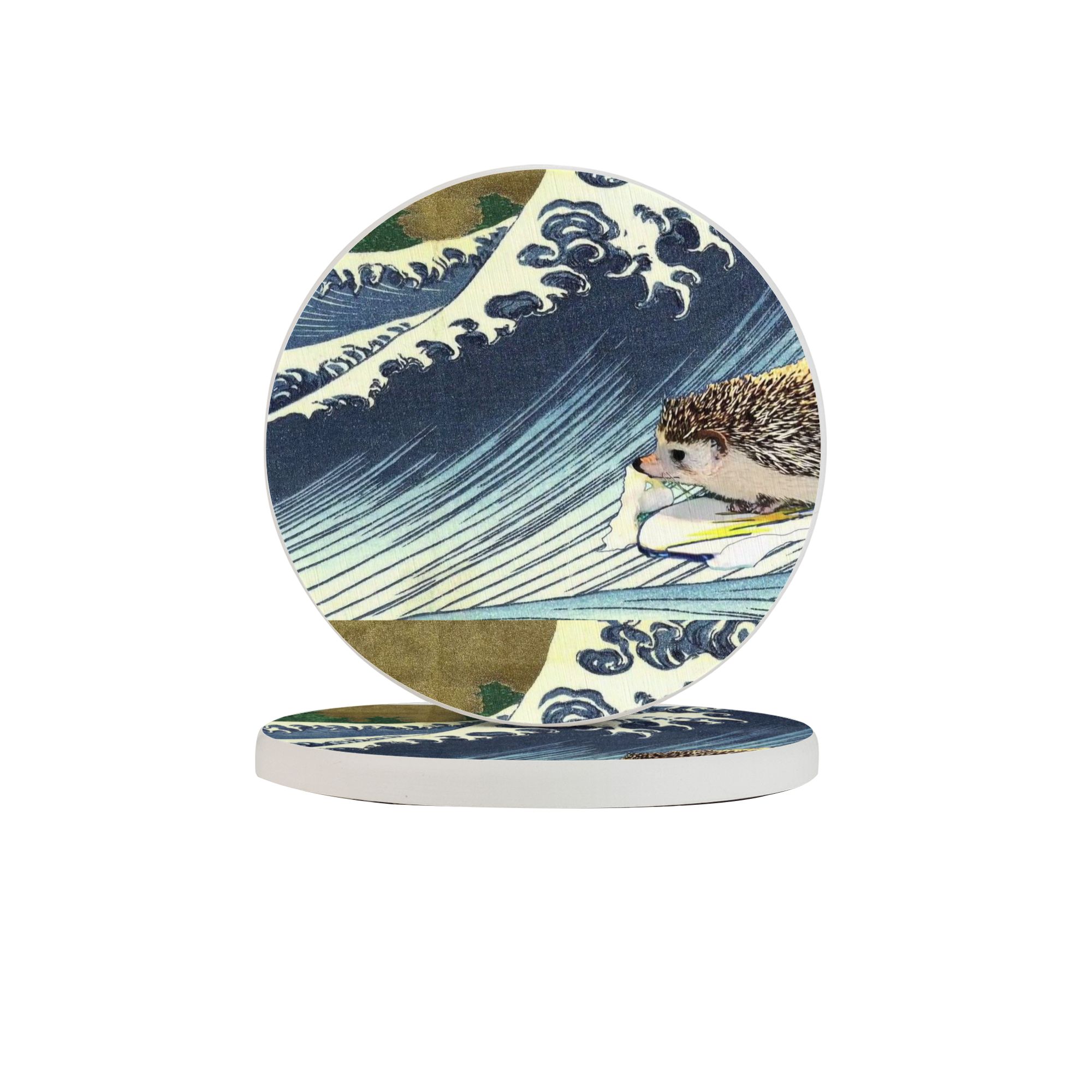 Circular Drink Coasters Set Cool Hedgehog Surfing Great Wave Beautiful ...