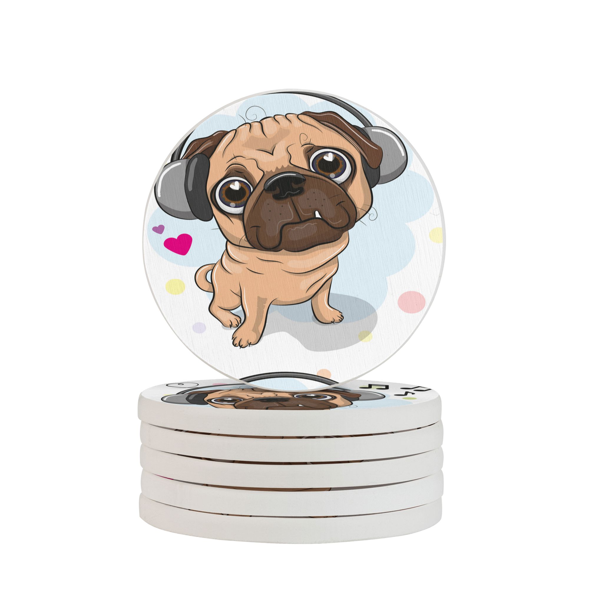 Circular Drink Coasters Set Cute Cartoon Pug Dog With Headphones ...