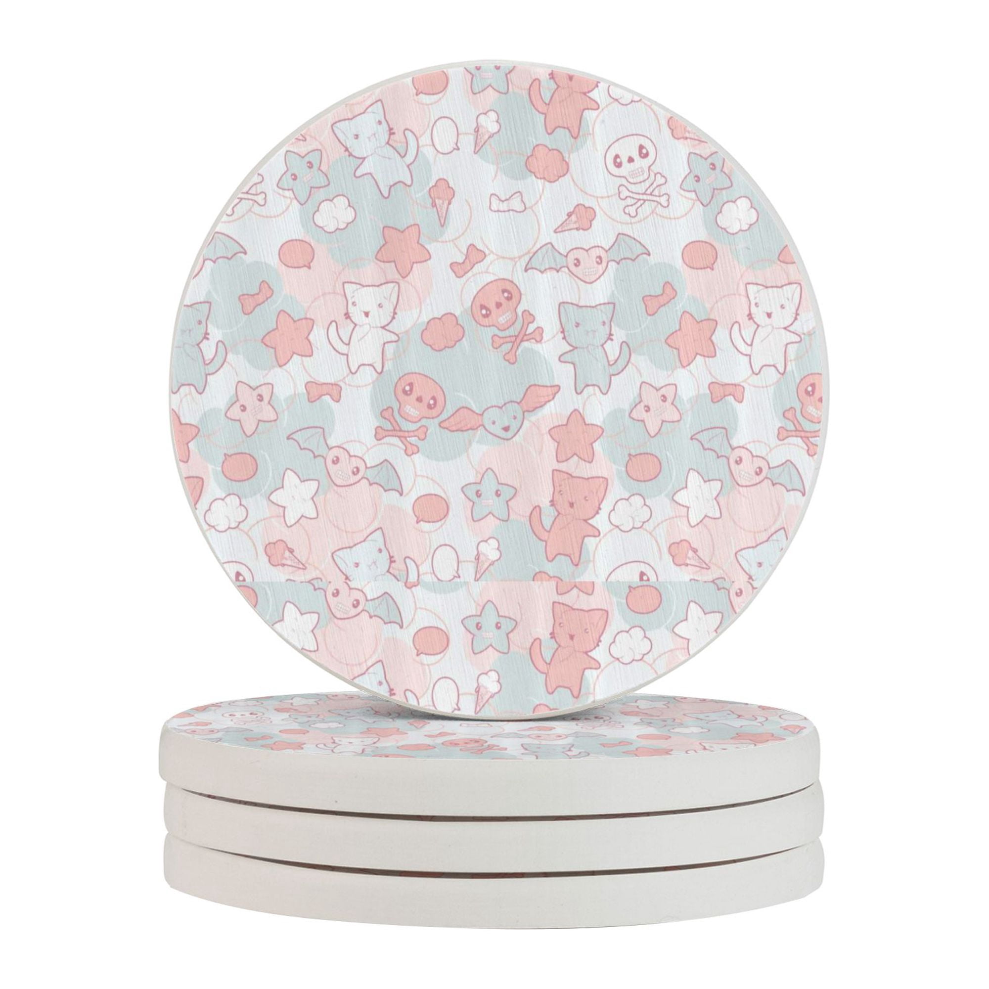 Circular Drink Coasters Set Cute Cats Bats And Skulls Japanese Kawaii ...