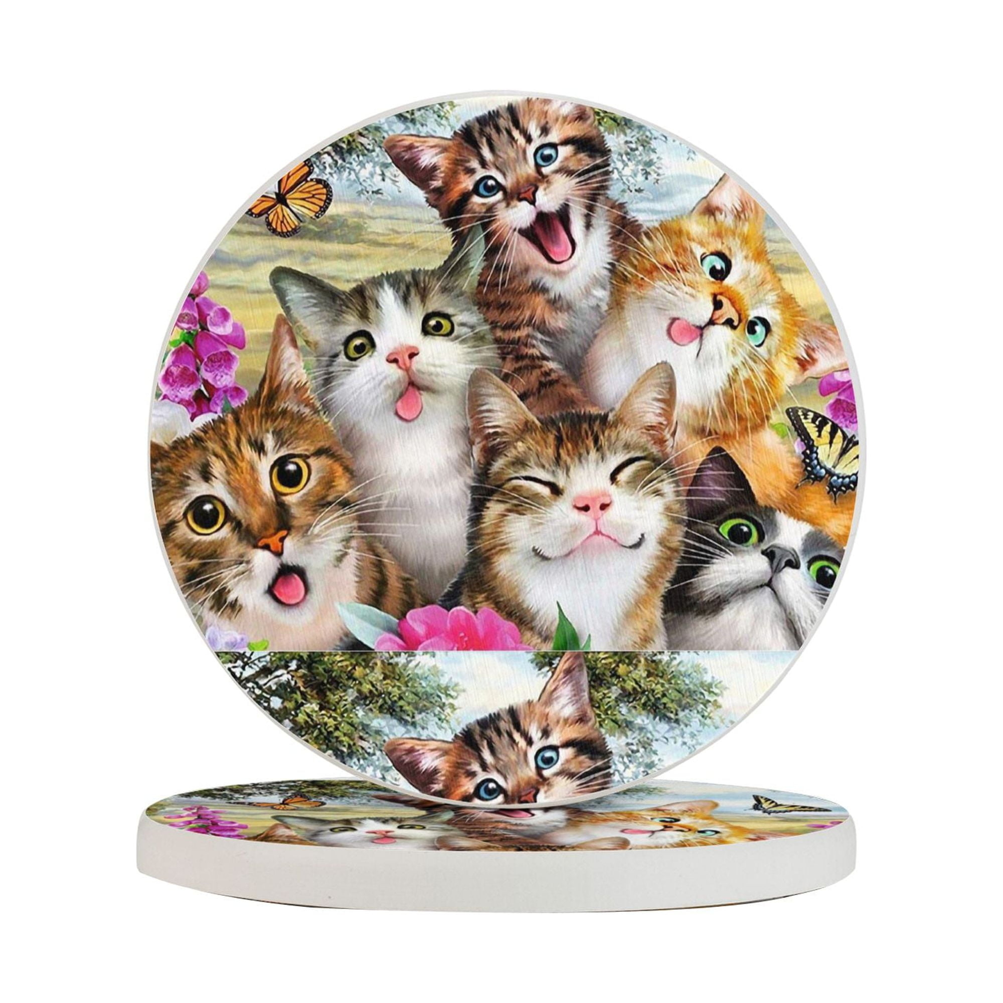 Circular Drink Coasters Set Cute Cats Beautiful Home Decor Diatomite ...
