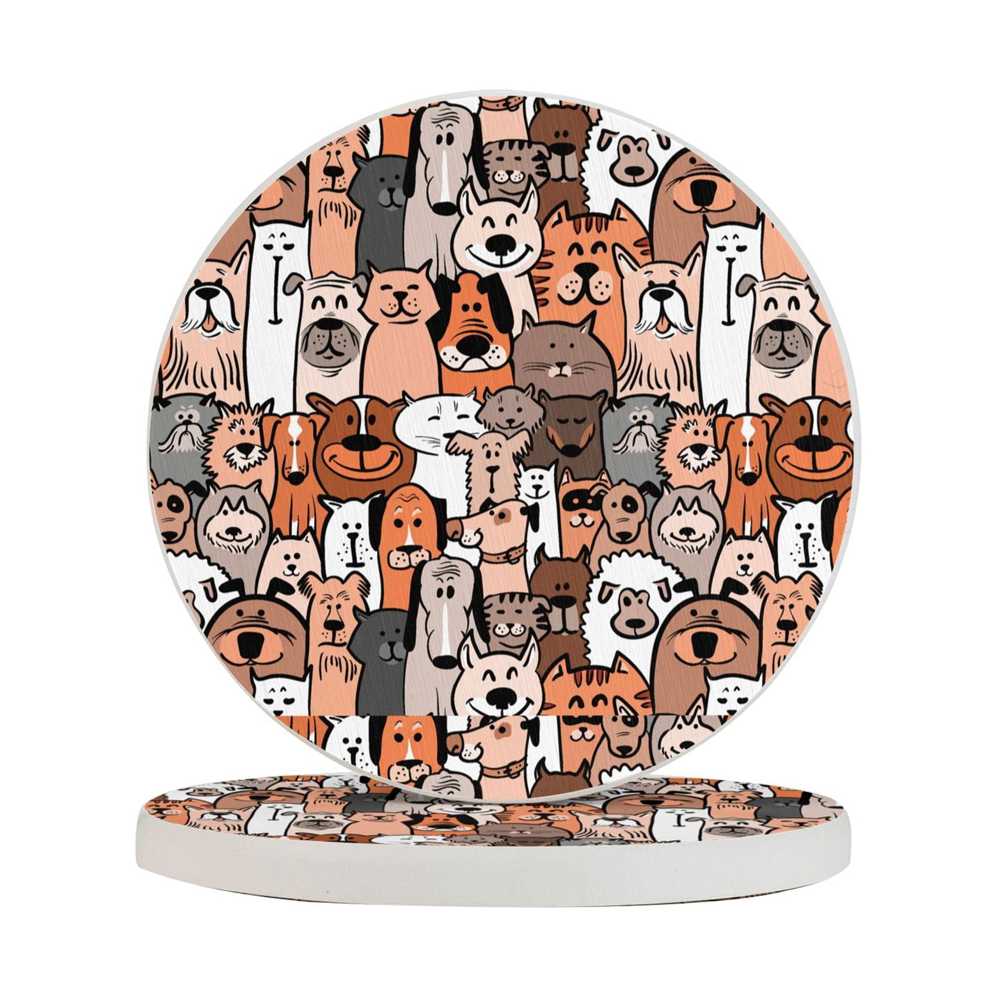 Circular Drink Coasters Set Cute Dogs And Cats Print Beautiful Home ...