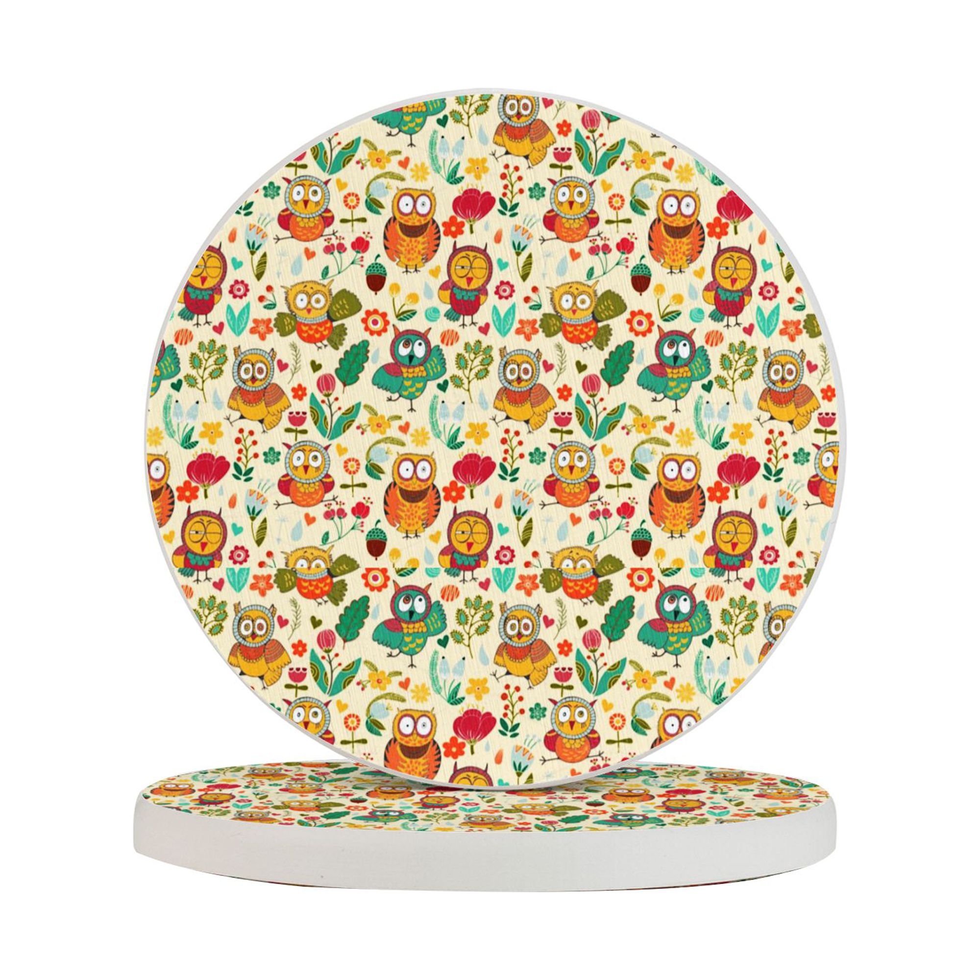 Circular Drink Coasters Set Cute Owls And Flowers Beautiful Home Decor ...