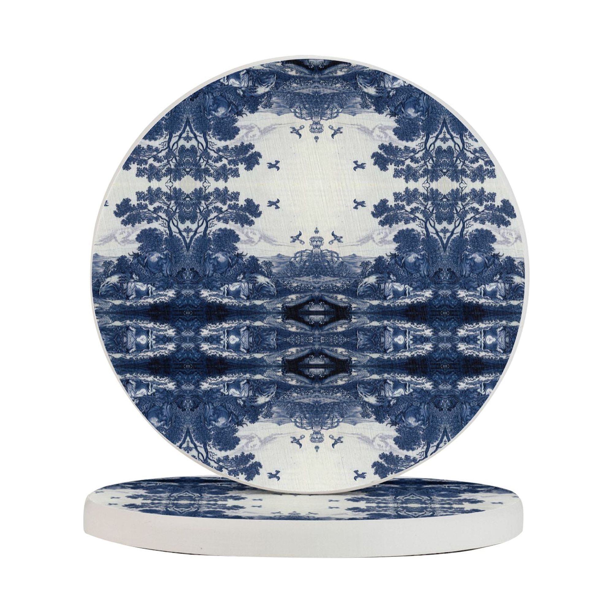 Circular Drink Coasters Set Delft Blue Ceramic Tile Inspired Pattern ...