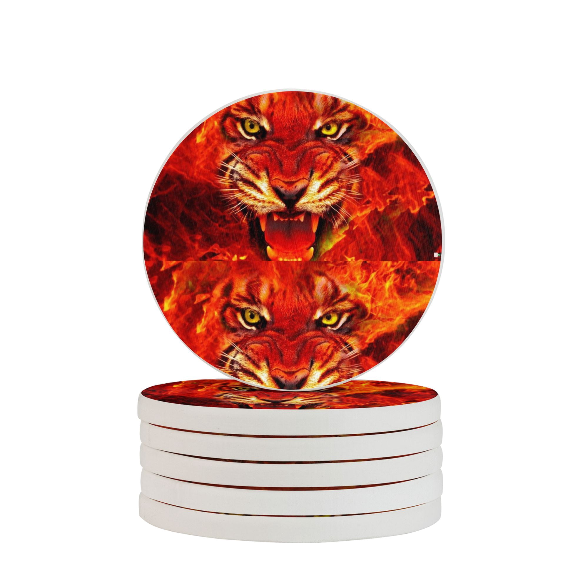 Circular Drink Coasters Set Fire Tiger Beautiful Home Decor Diatomite ...