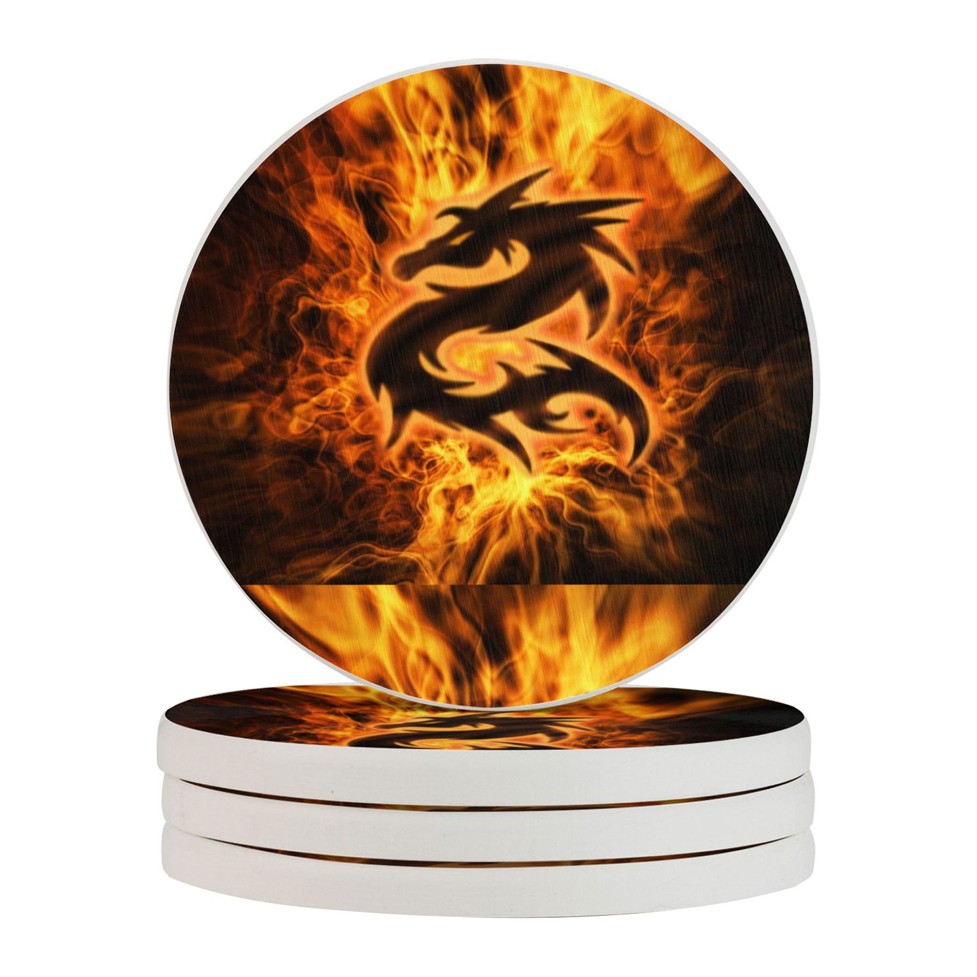 Circular Drink Coasters Set Flame Fire Dragon Beautiful Home Decor ...