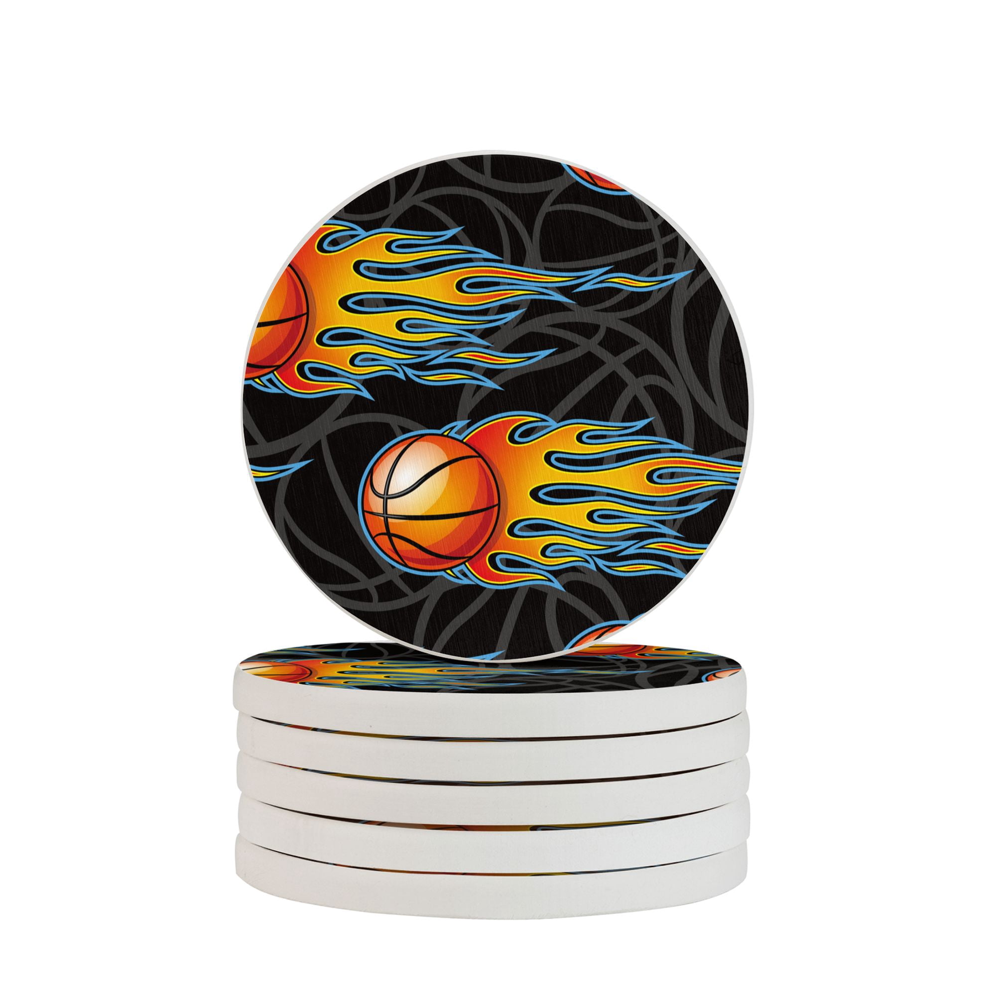 Circular Drink Coasters Set Flaming Basketball Beautiful Home Decor ...