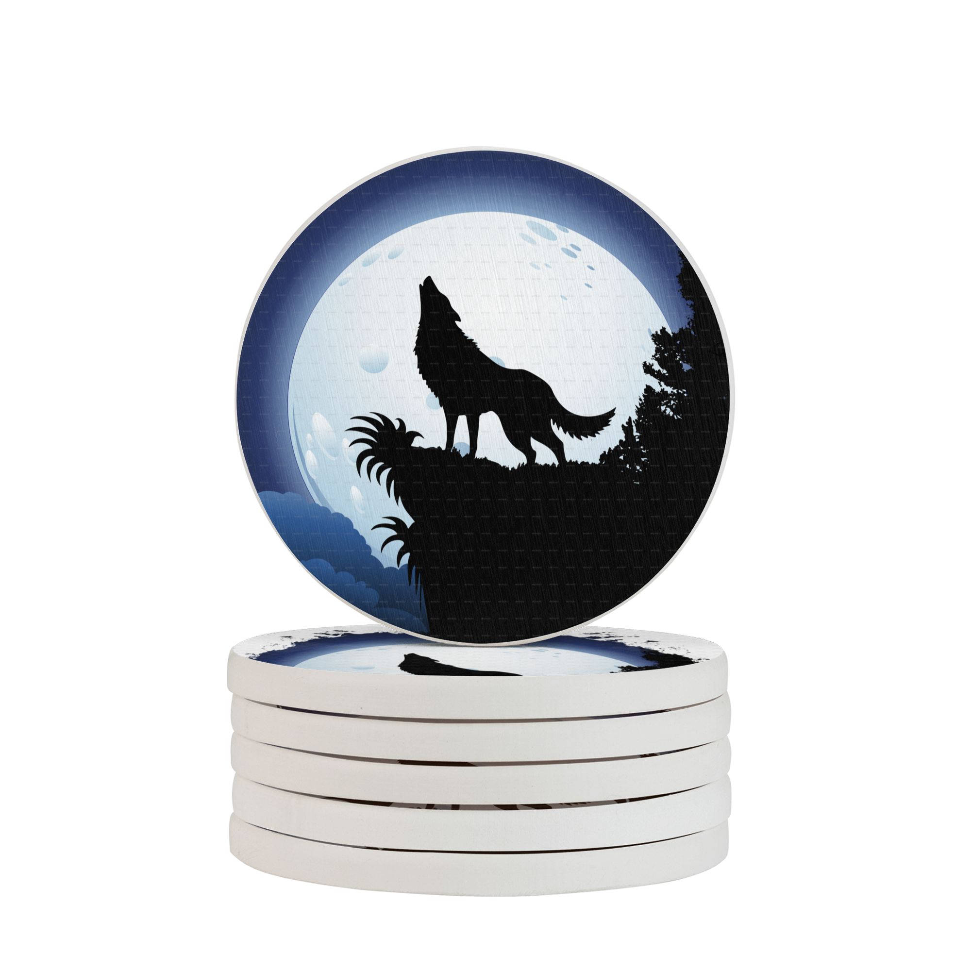 Circular Drink Coasters Set Full Moon Wolf Beautiful Home Decor ...