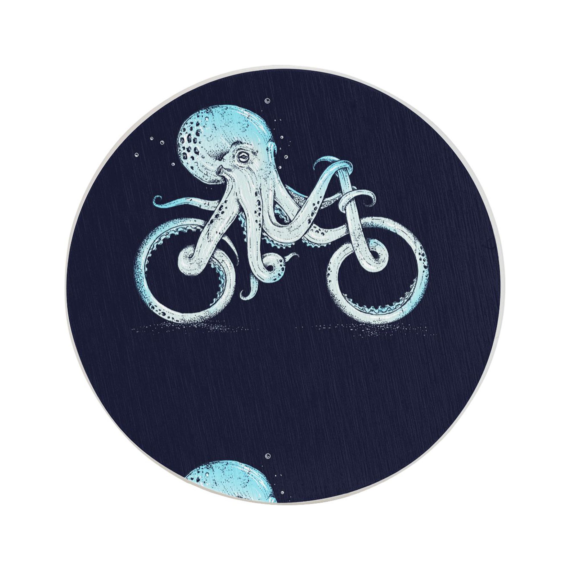 Circular Drink Coasters Set Funny Octopus Riding Bicycle Beautiful Home ...