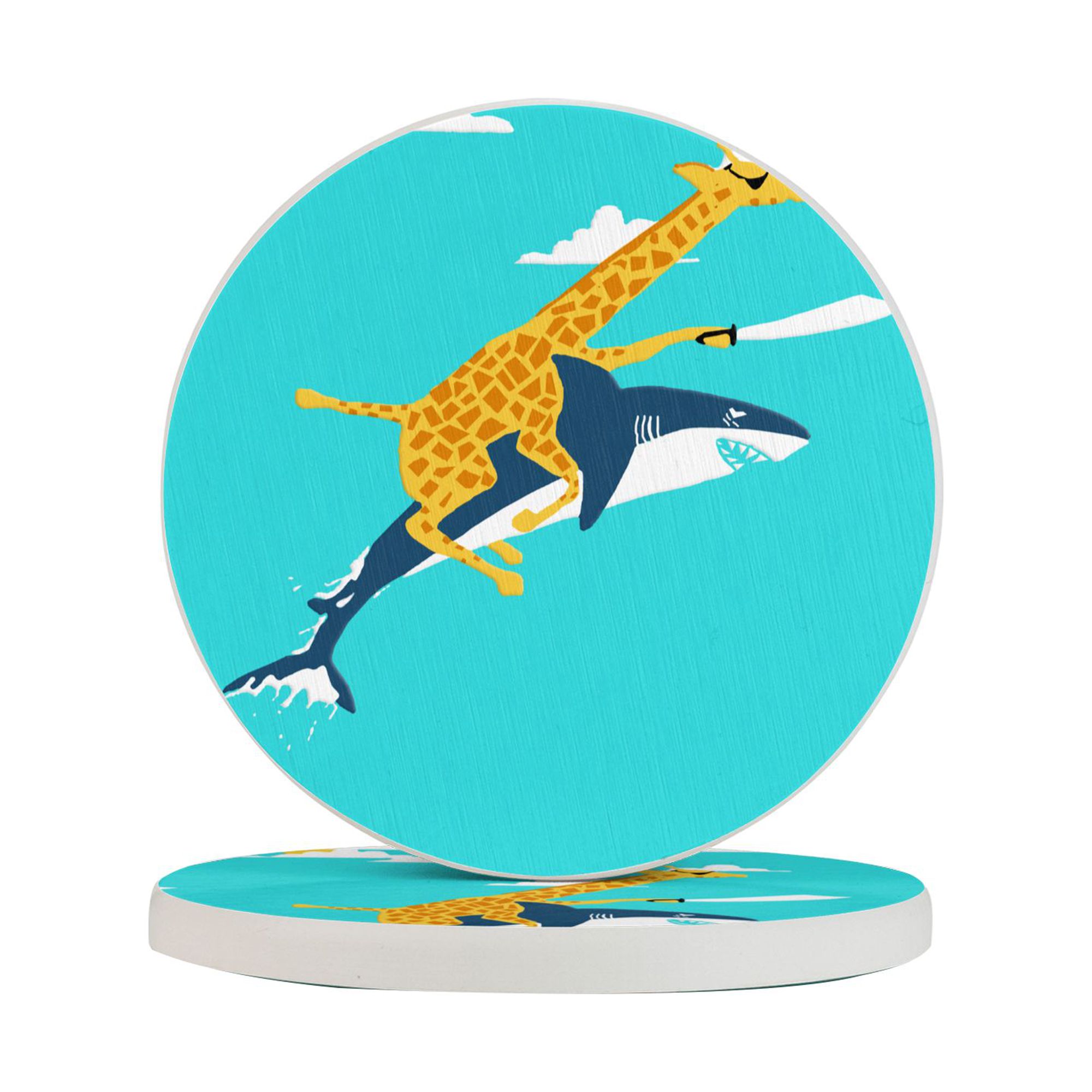 Circular Drink Coasters Set Giraffe Riding On A Shark Beautiful Home ...