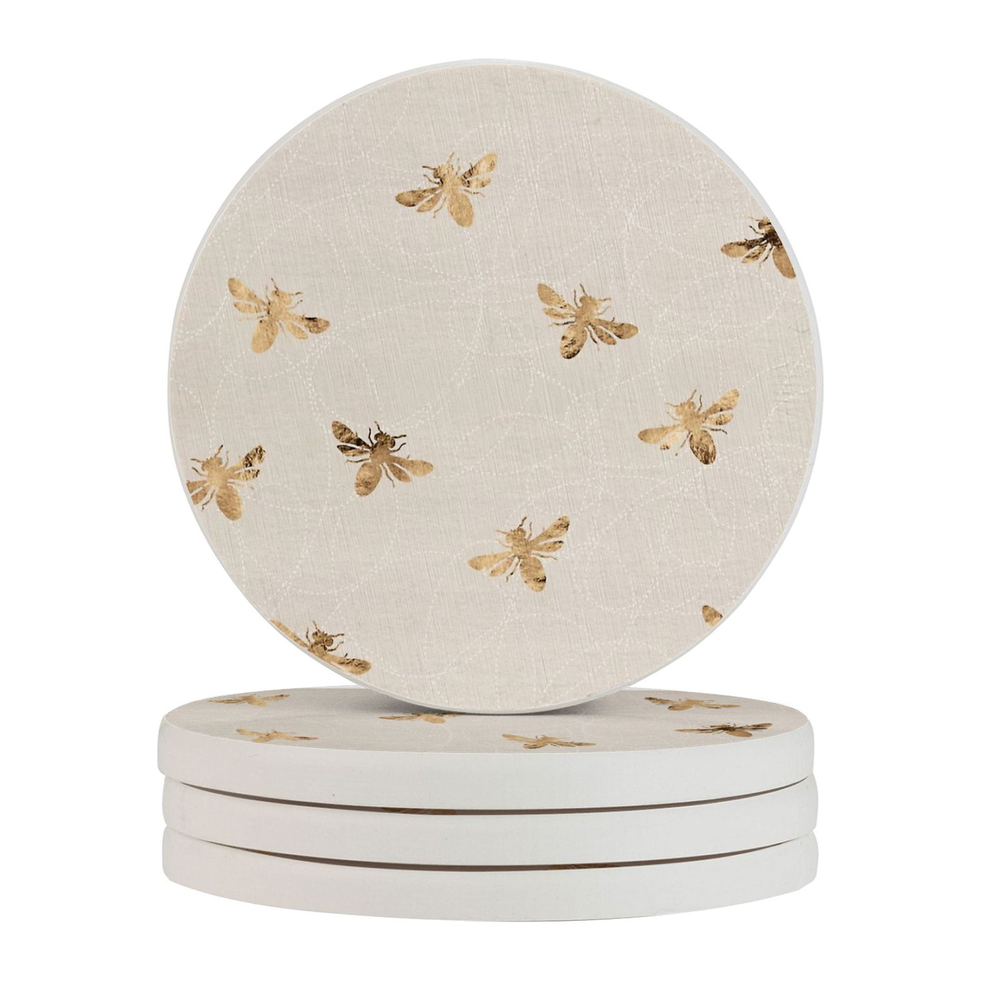 Circular Drink Coasters Set Gold Bee Texture Cream Print Beautiful Home ...