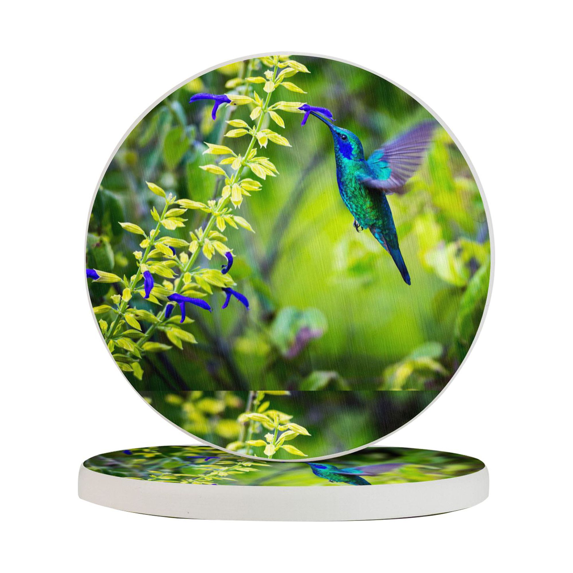 Circular Drink Coasters Set Green Blue Hummingbird Bird Floral Flowers ...