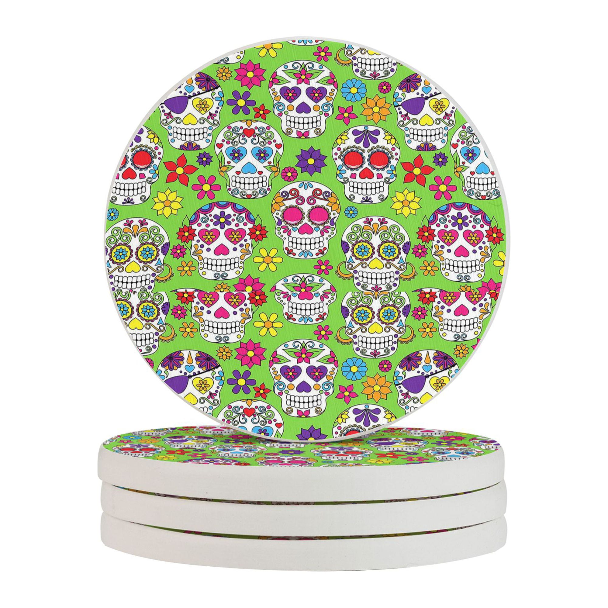 Circular Drink Coasters Set Green Colorful Sugar Skull Beautiful Home ...