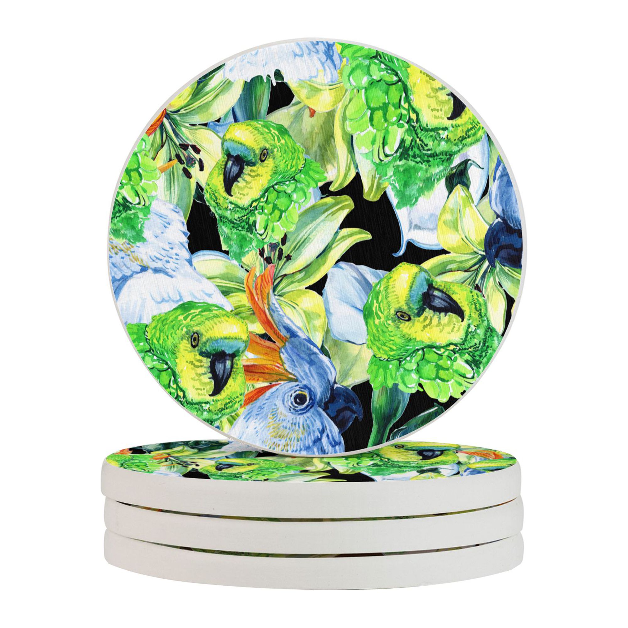 Circular Drink Coasters Set Green Parrot Beautiful Home Decor Diatomite ...