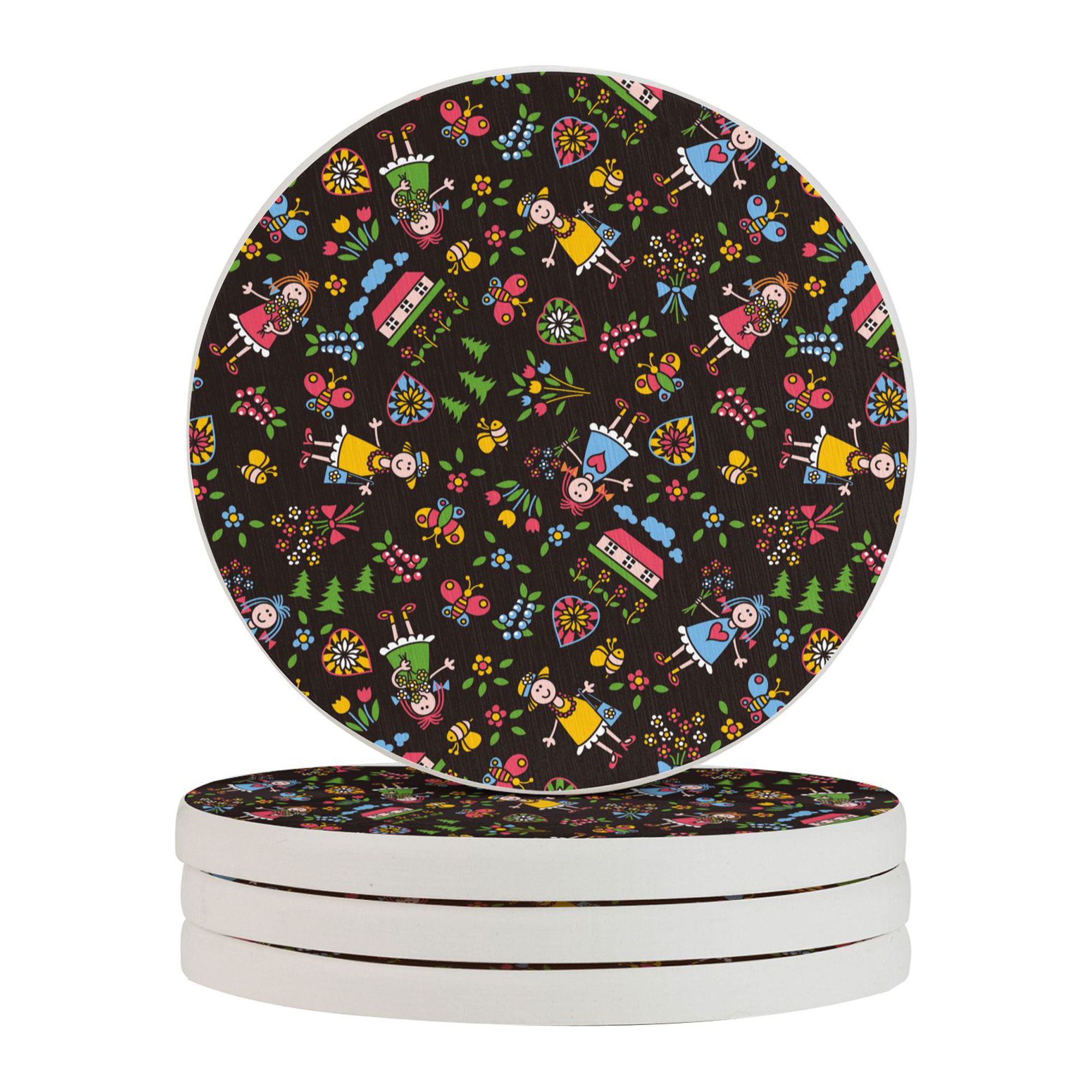 Circular Drink Coasters Set Happy Girls Seamless Elements Beautiful ...