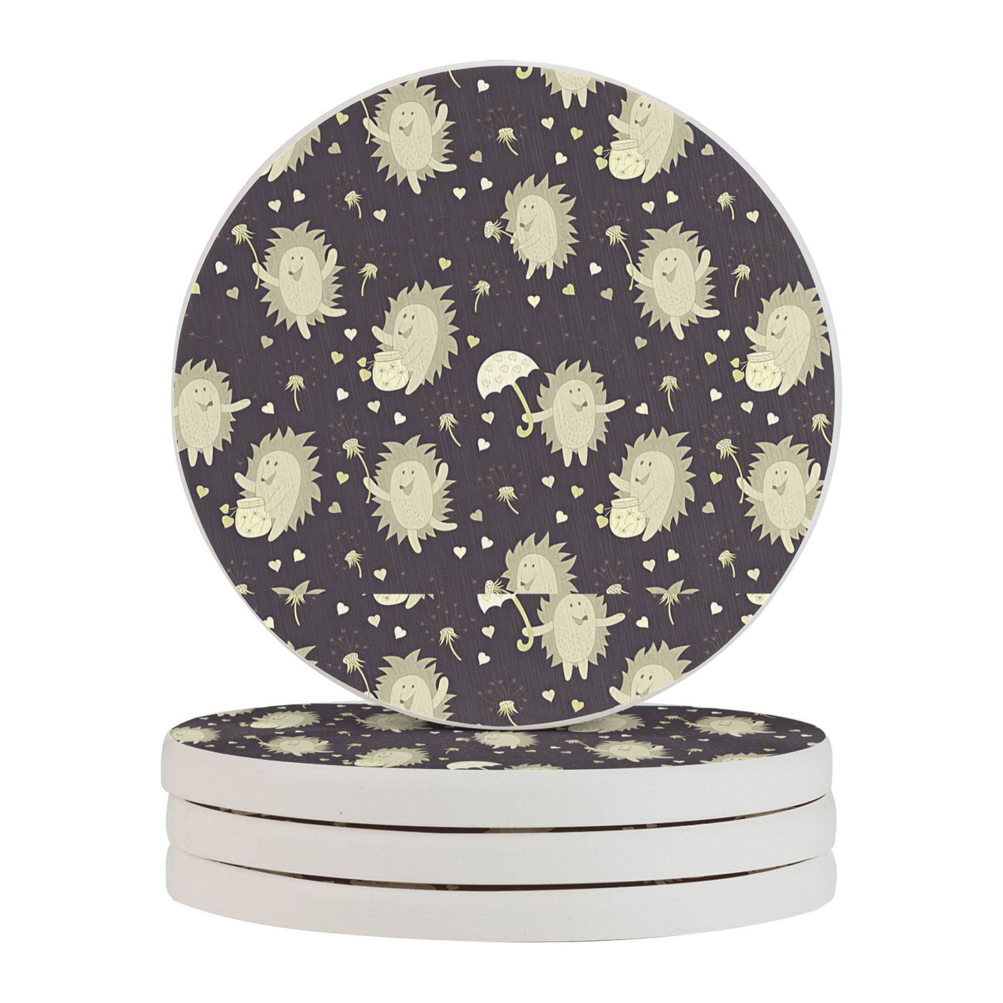 Circular Drink Coasters Set Hedgehog And Dandelion Beautiful Home Decor ...