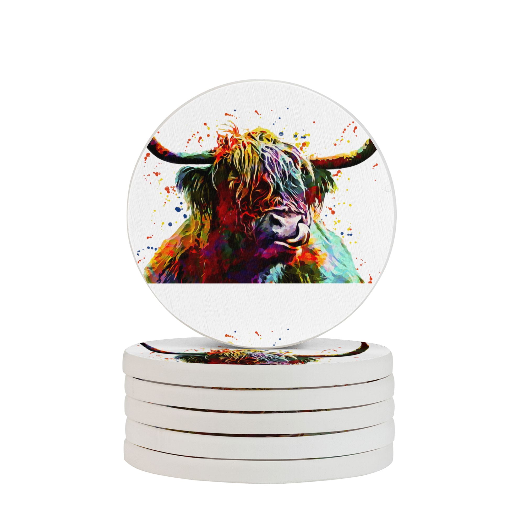 Circular Drink Coasters Set Highland Cow Watercolor Art Work Print ...