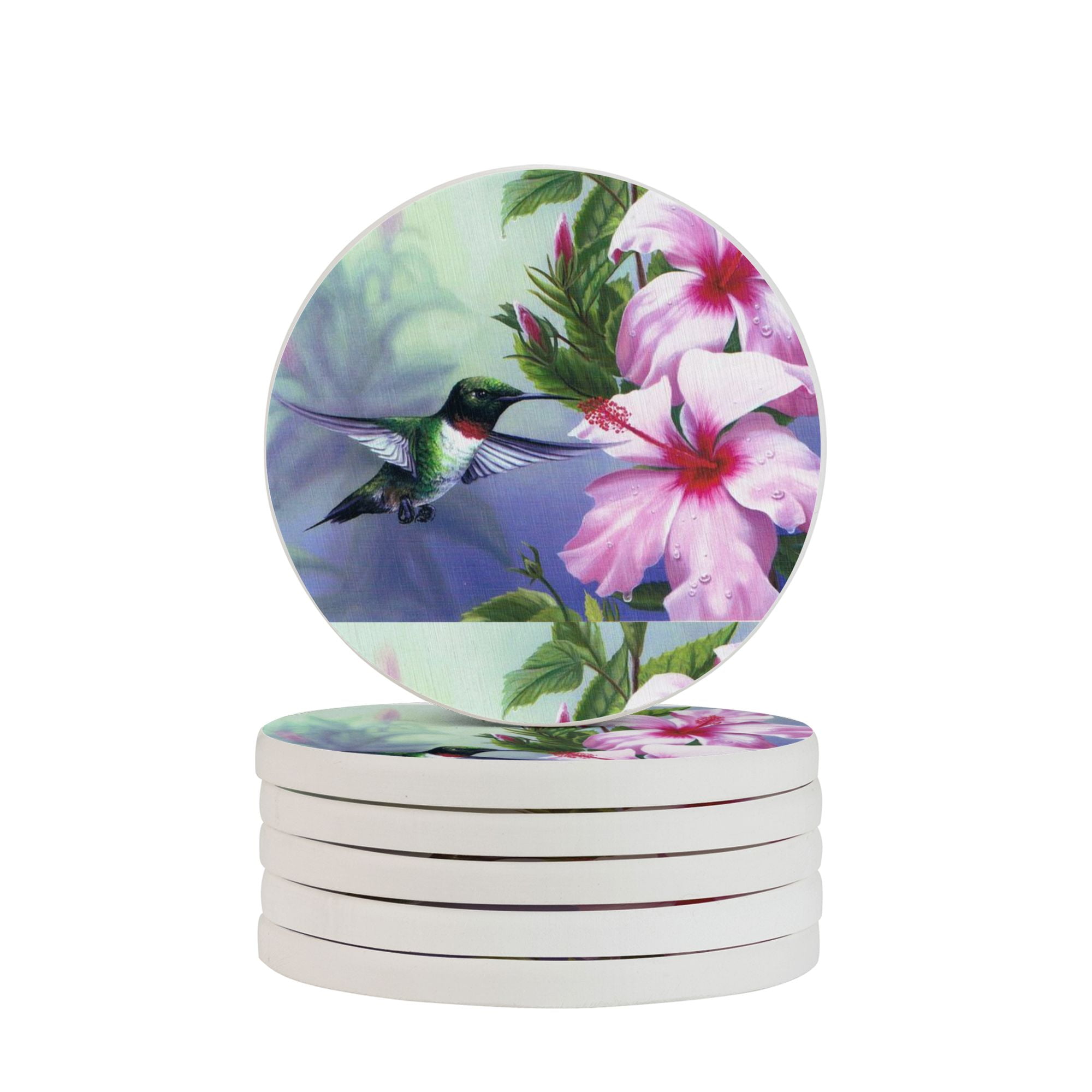 Circular Drink Coasters Set Hummingbird With Pink Hibiscus Beautiful ...