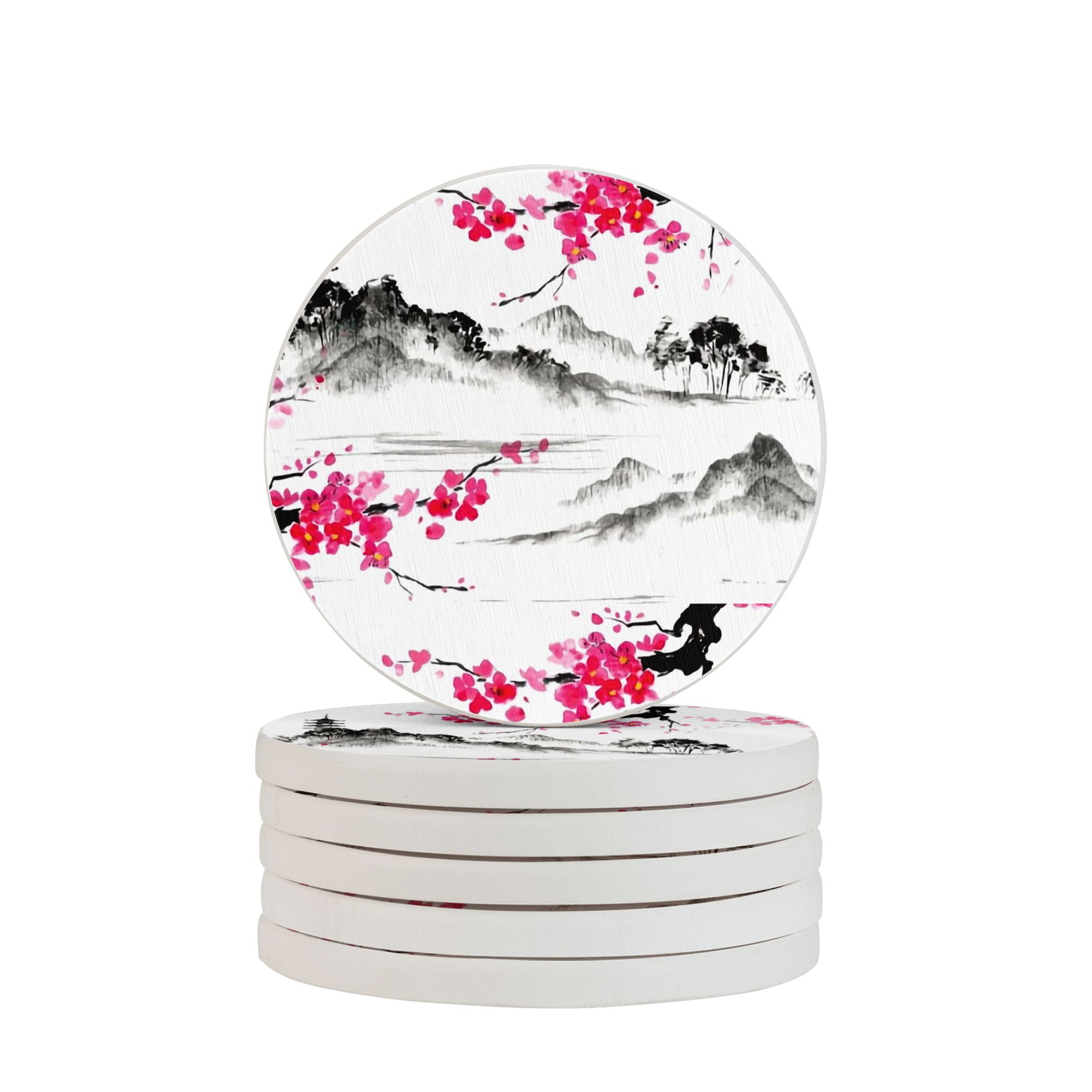Circular Drink Coasters Set Japanese Oil Painting Cherry Blossom Sakura ...