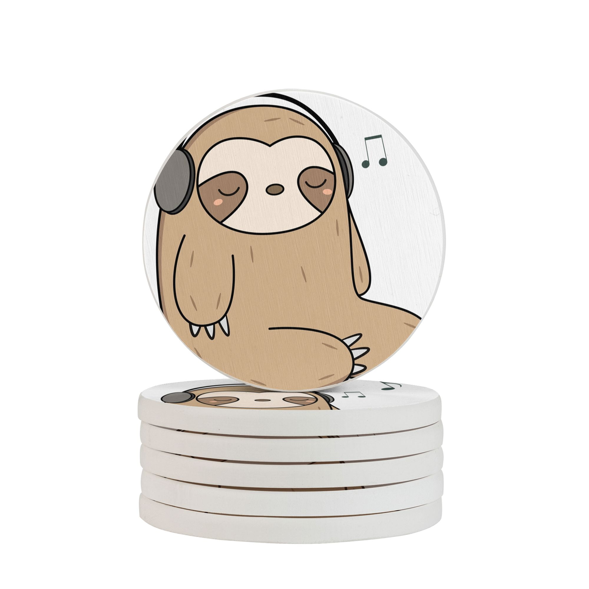 Circular Drink Coasters Set Kawaii Cute Sloth Listening To Music ...