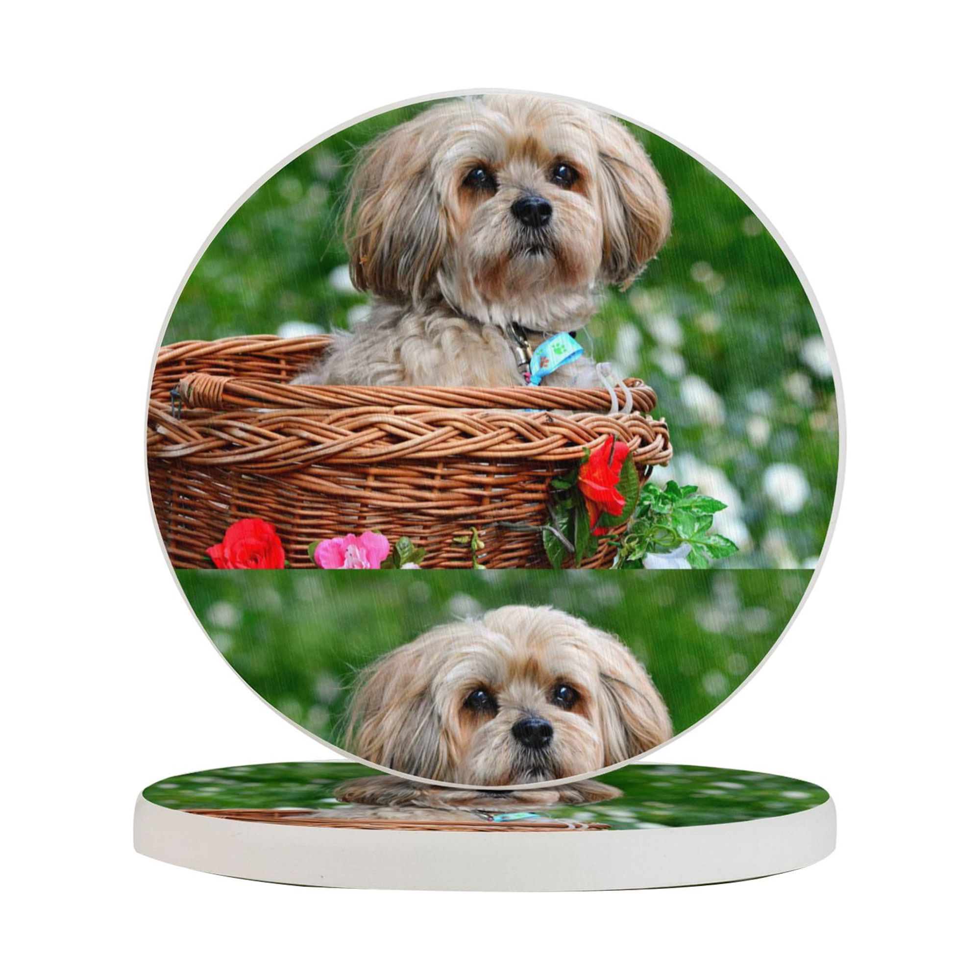 Circular Drink Coasters Set Lhasa Dog Animal Canine Long Haired ...