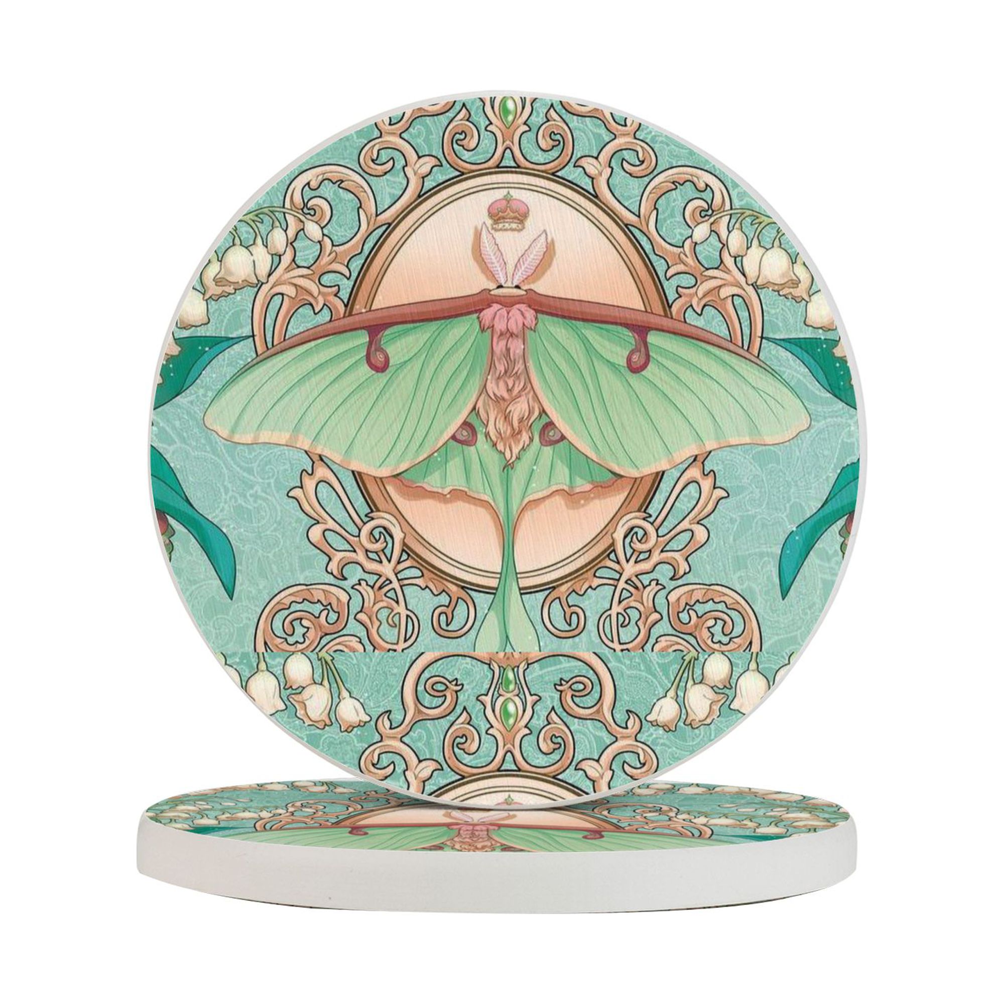 Circular Drink Coasters Set Moon Moth Bell Flower Beautiful Home Decor ...