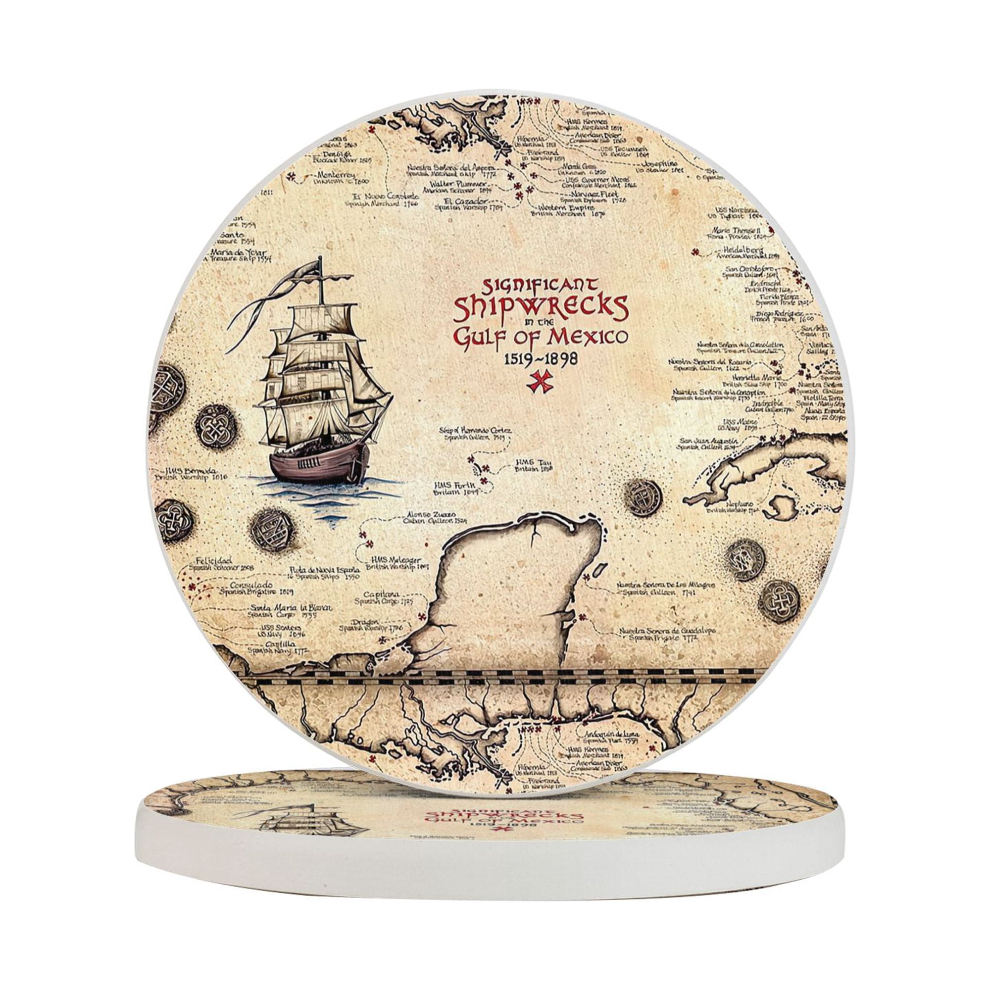 Circular Drink Coasters Set Nautical Treasure Map Beautiful Home Decor ...