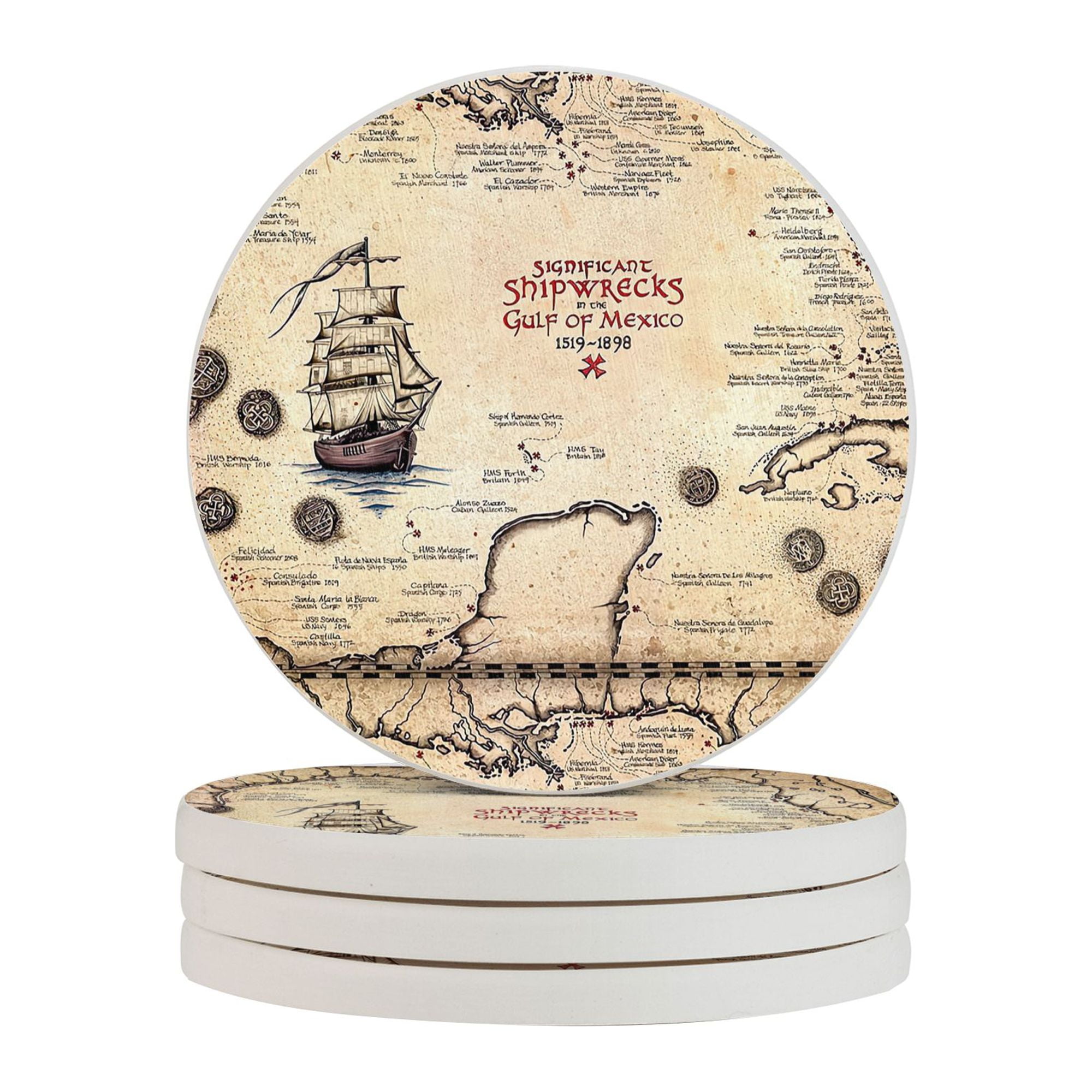 Circular Drink Coasters Set Nautical Treasure Map Beautiful Home Decor ...