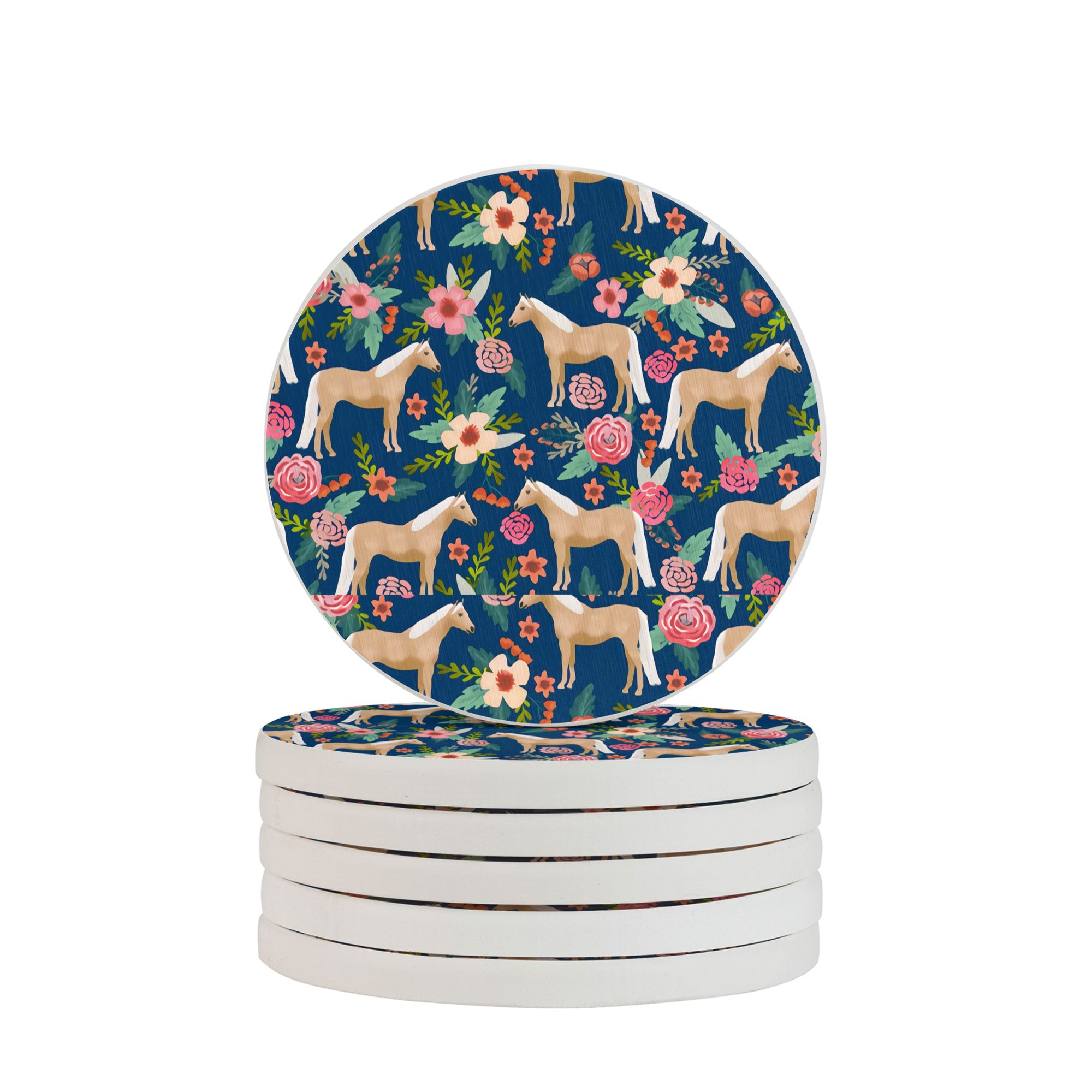 Circular Drink Coasters Set Palomino Horse Fabric Flowers Horses Navy ...